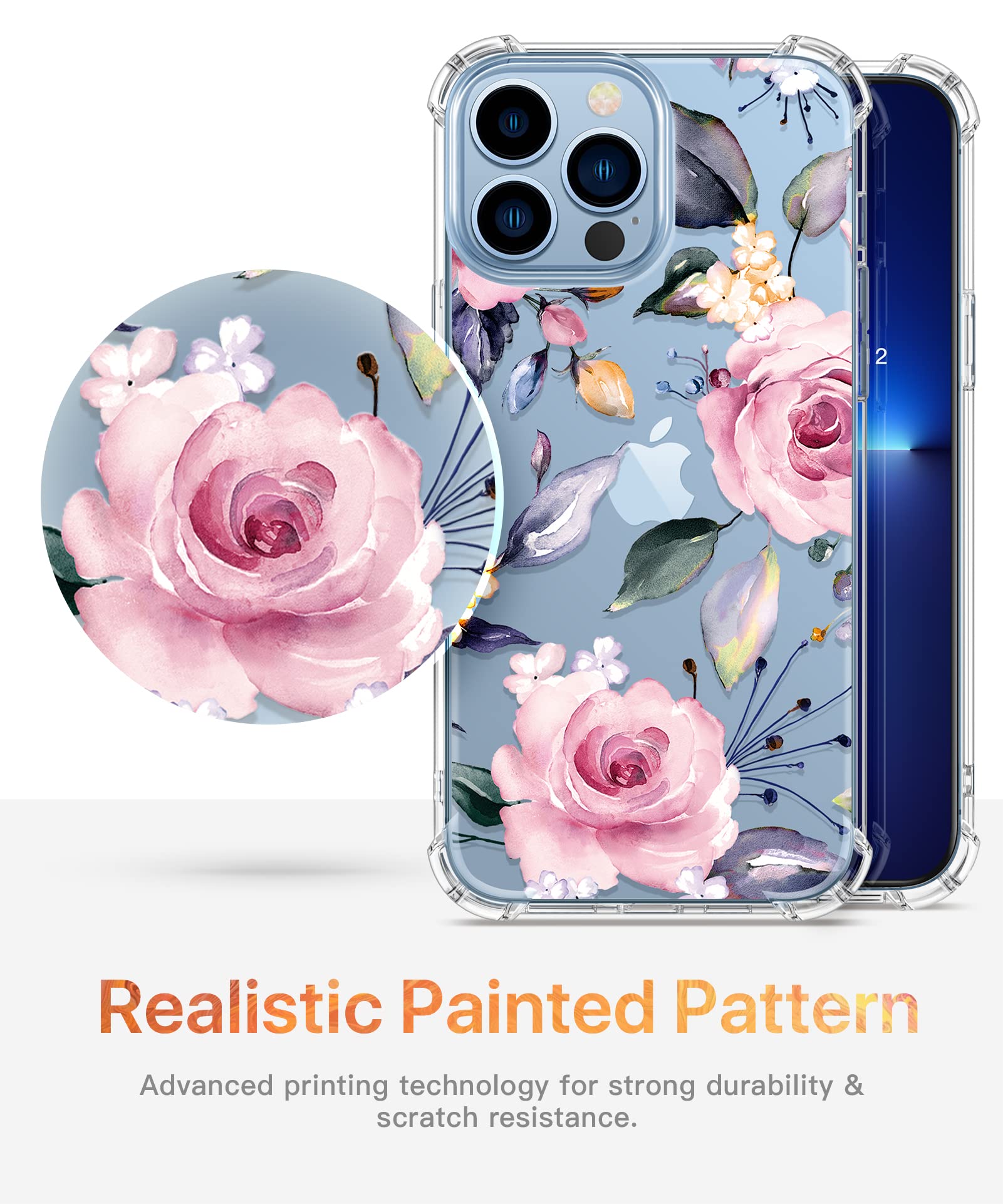 GVIEWIN for iPhone 13 Pro Max Case with Screen Protector + Camera Lens Protector, Soft Shockproof Clear Floral Phone Protective Case Cover for Women Girls, Flower Pattern Design (Rose Aroma/Pink)