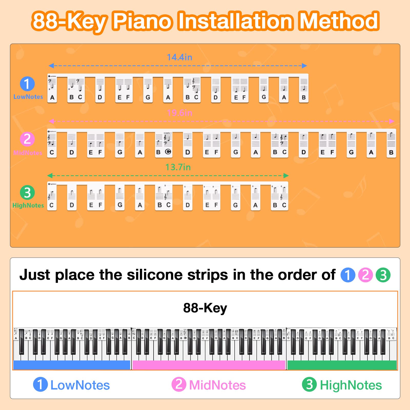 Hiyibo Piano Notes Guide for Beginner, Removable and Reusable Piano Keyboard Stickers Rakes Guide for Learning, Piano Keyboard Note Labels for 61/88 Key Full Size, Made of Silicone (Classic Black)