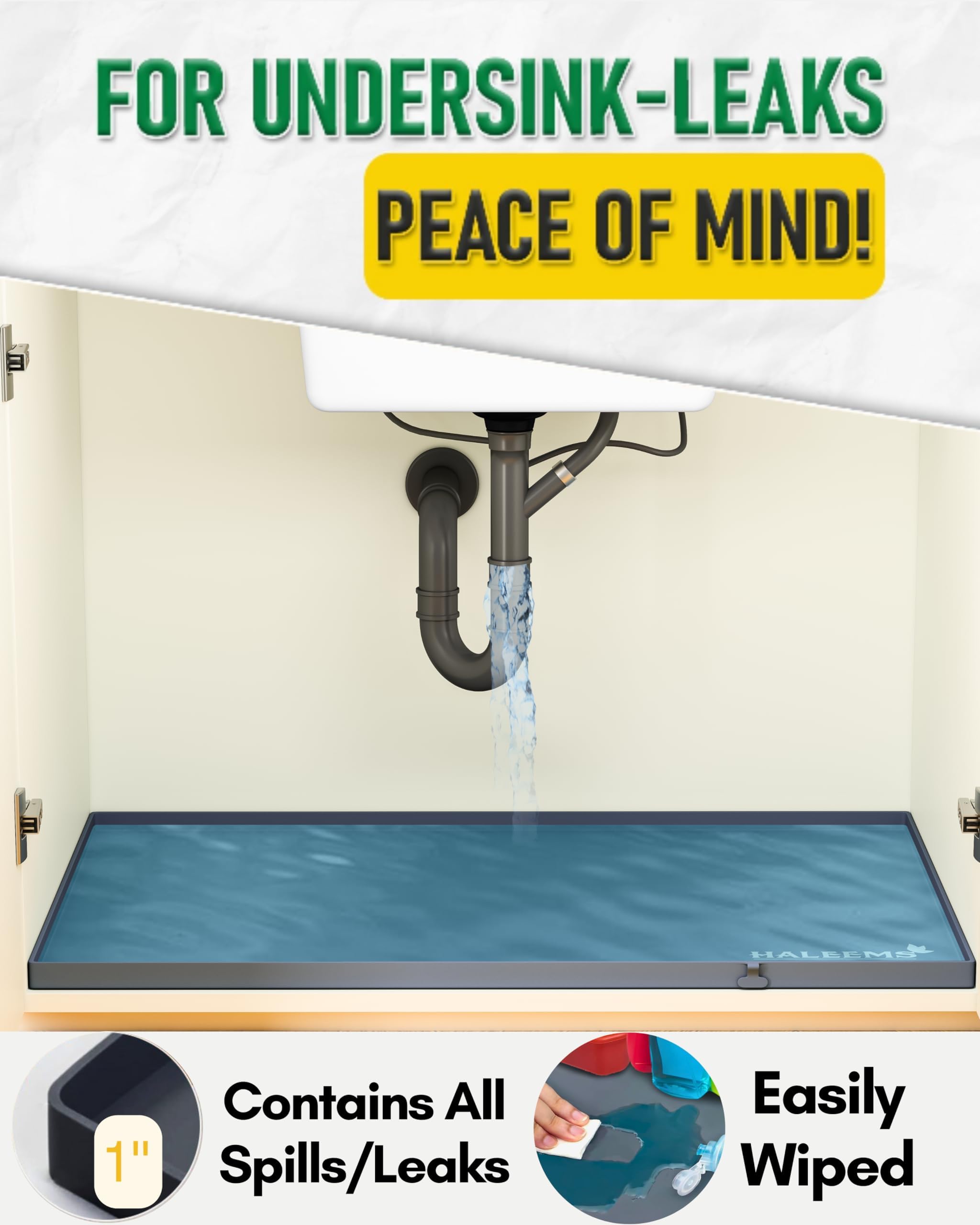 HALEEMS Under Sink Mat with Unique Drain Hole Design - Silicone 34'' X 22'' Under Sink Mats for Bottom of Kitchen Sink - Kitchen Cabinet Mats Hold up to 3 Gallons Liquid, Protector Tray, Easy to Clean