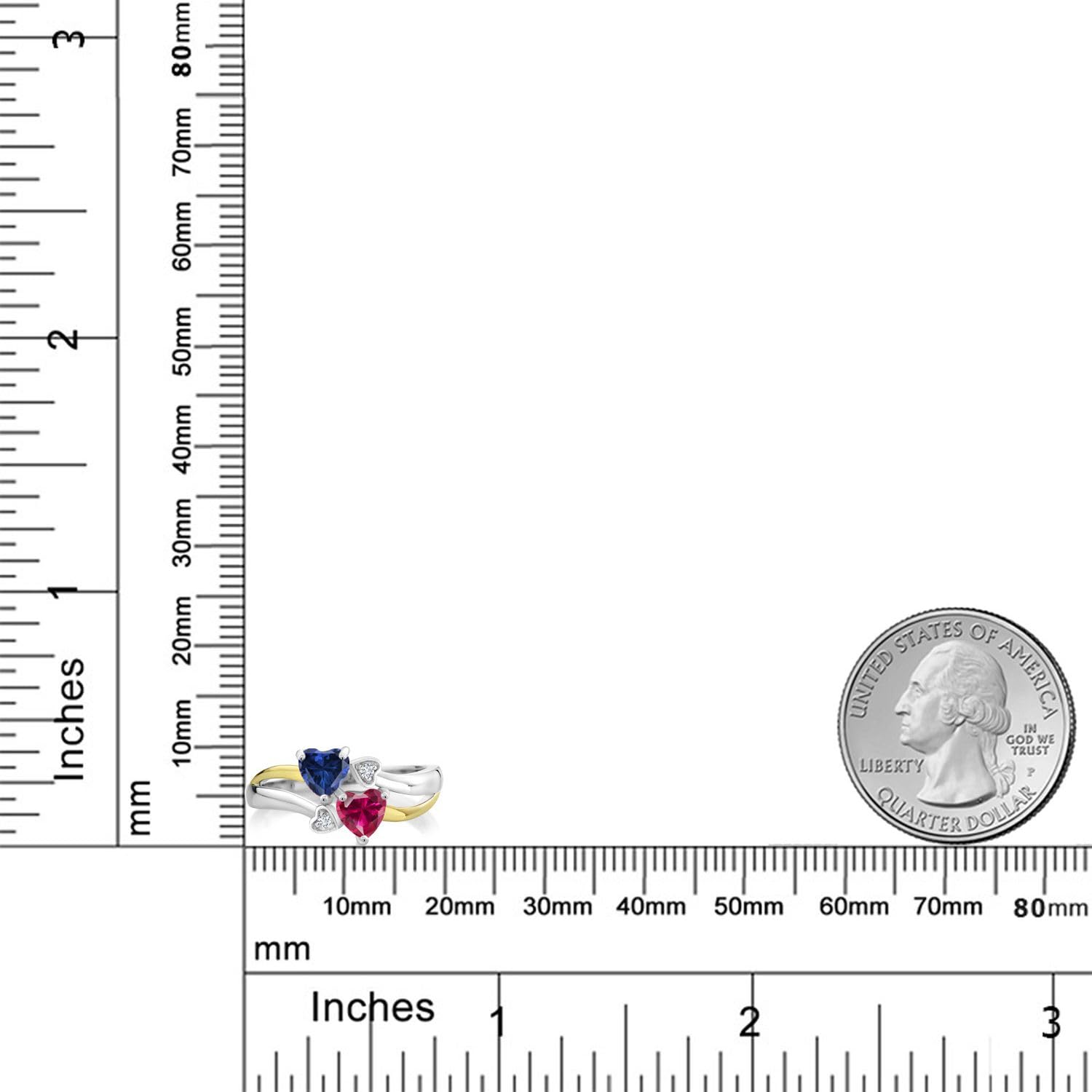 Gem Stone King 925 Silver and 10K Yellow Gold Blue Created Sapphire and Red Created Ruby and White Lab Grown Diamond Ring For Women (1.12 Cttw, September Birthstone, Heart Shape 5MM, Size 8)