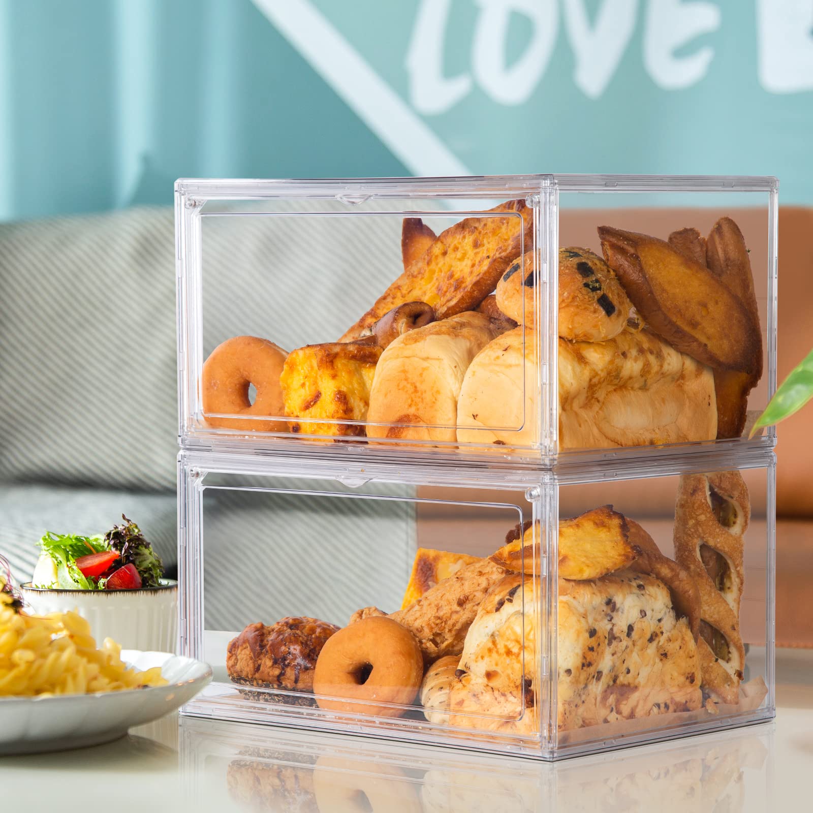 GROPKNIO 2pcs Large Bread Box Kitchen Countertop upgraded - Large Capacity Transparent Bread Rack Storage Box, 20 Sheets of Greaseproof paper-Stackable Double-Layer Bread Pantry Storage Container