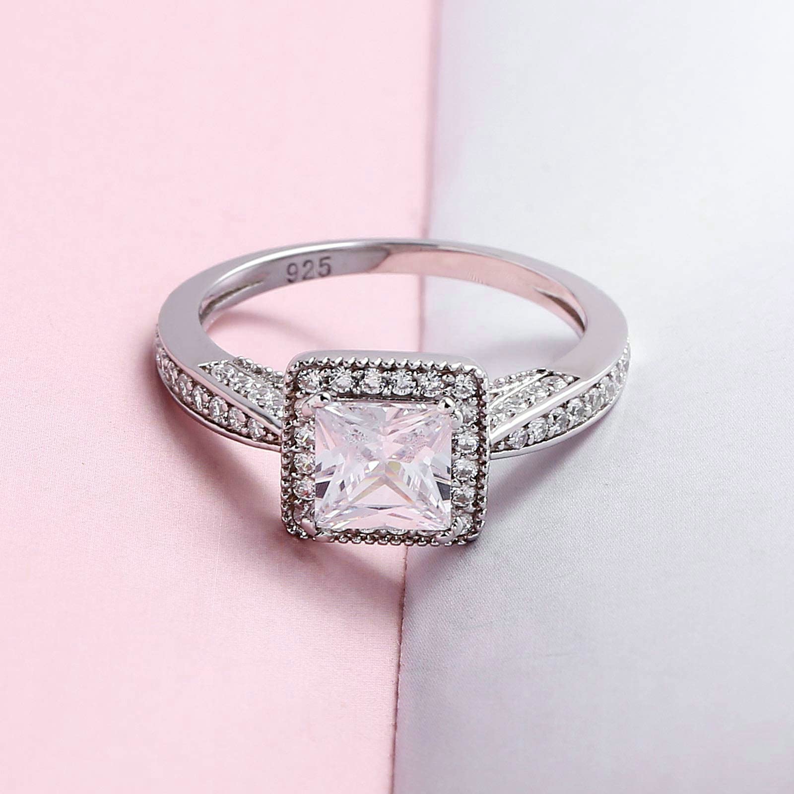 Gualiy 925 Sterling Silver Promise Rings, Wedding Rings Engagement Rings Square Shape Cubic Zirconia Rings Size 5.5