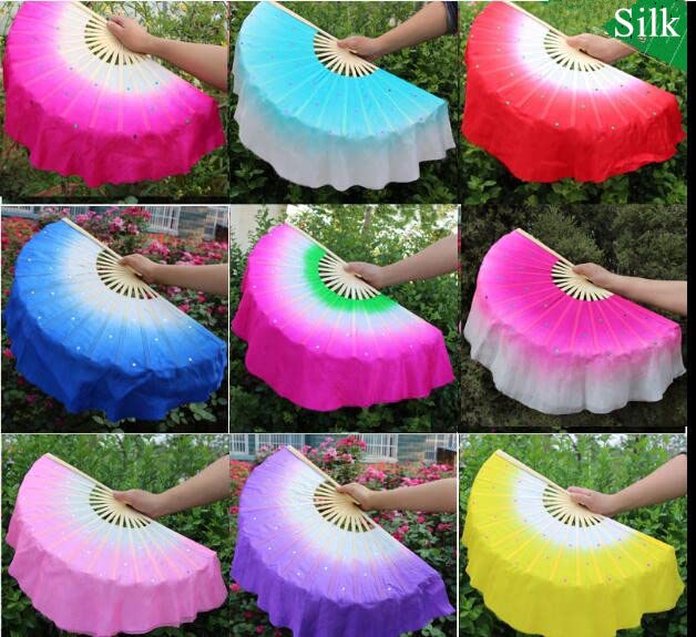 Hand Fans Folding fan 2pcs Chinese Short Bellydance Fan 30cm Bamboo+10cm Half Circle Silk Veil Pairs Yangko Dance Bamboo Fans Hand Dye Adults (Color : MULTI, Size : Right left hand)
