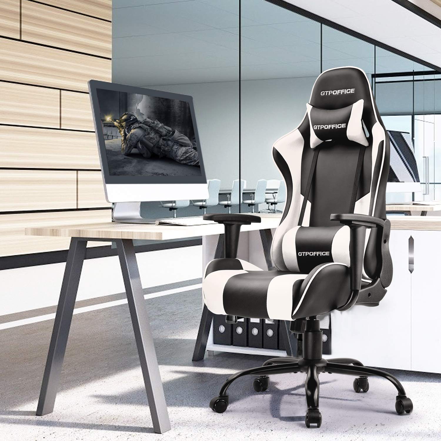 Gaming Chair Massage Office Computer Chair for Adult Reclining Adjustable Swivel Leather Computer Chair High Back Desk Chair Headrest and Massage Lumbar Support Cushion,1 Pack (White)