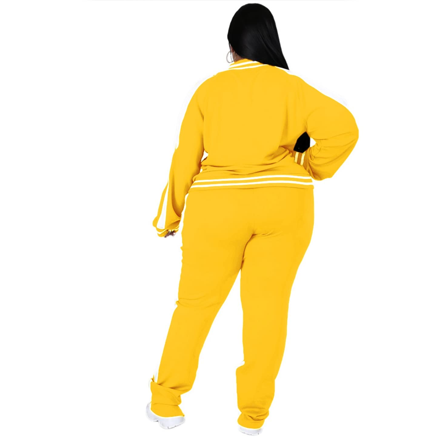 Hooreatee Jogging Suits for Women Plus Size Tracksuit Long Sleeve Zip Up Stripe Jackets Running Sweatpants 2 Piece Sweatsuits Set Yellow 2XL