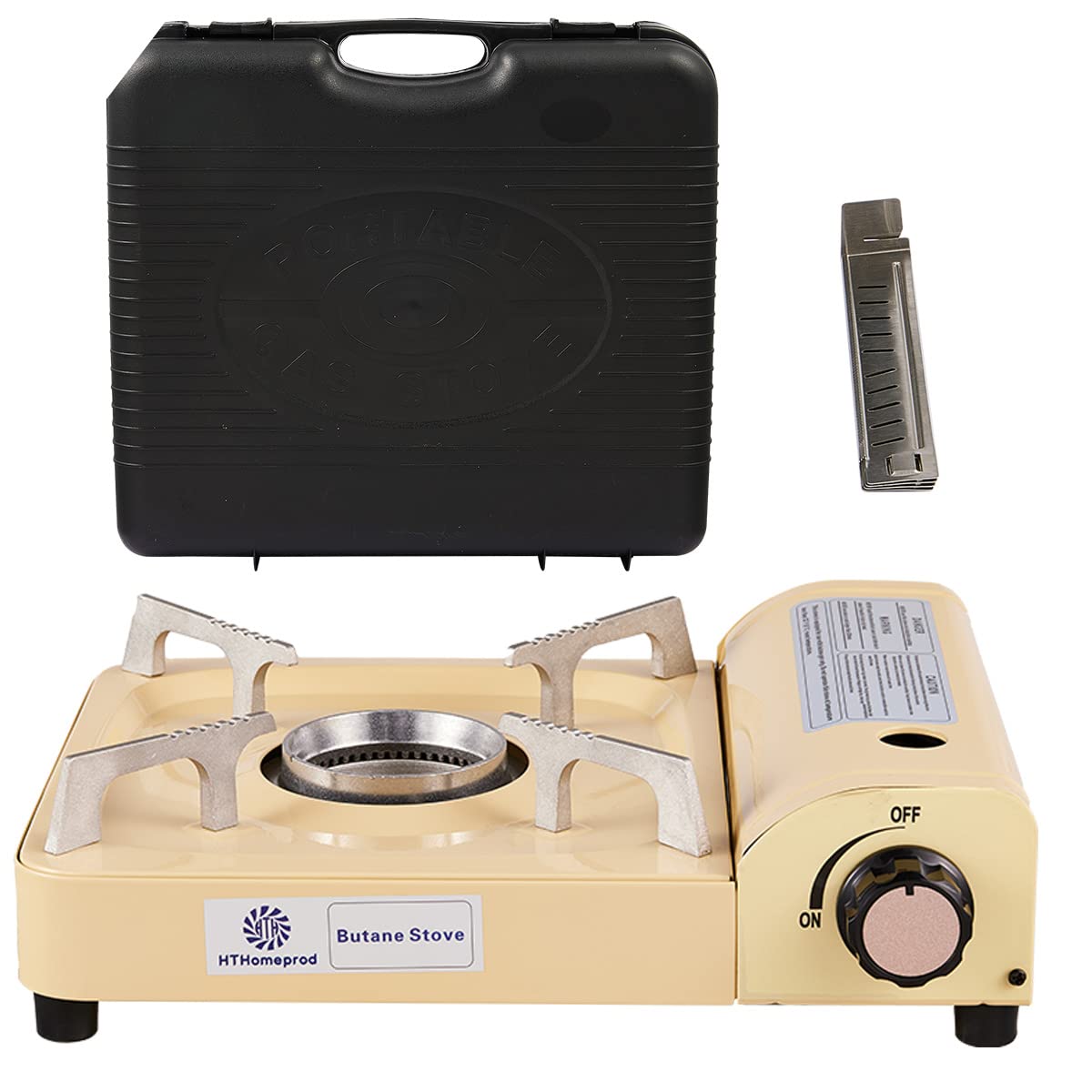 HTHomeprod Portable Butane Stove Gas Fuel Windproof Single Camping Burner Outdoor Cooker Stoves Carry Case Wind Guard