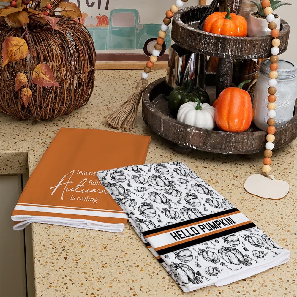 GEEORY Fall Kitchen Dish Towels Set of 2 for Fall Decor,Hello Black Printed Stripes Pumpkin 18x26 Inch Drying Dishcloth,Farmhouse Home Decoration GD117