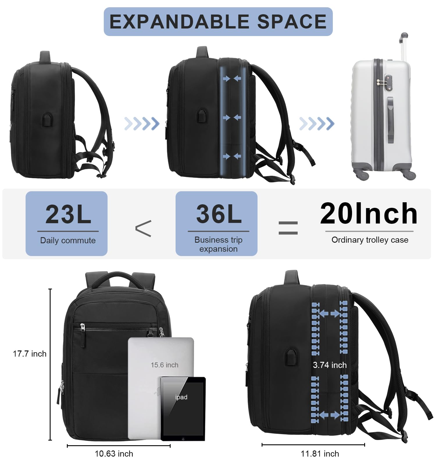 Hp hope Travel Backpack for Women Men, Expandable Airline Approved Carry On Backpack Flight Approved, Waterproof Hiking Weekender Backpack with USB Charging Port & Shoes Compartment, Black
