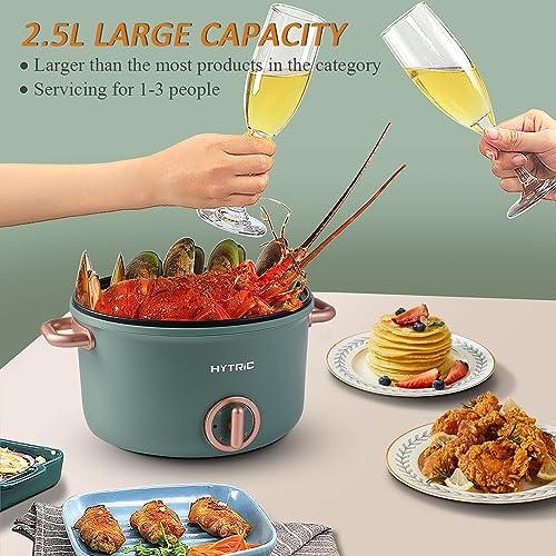 Hytric Hot Pot Electric, 2.5L Portable Electric Skillet with Nonstick Coating, Dual Power Control Multi-Function Cooker for Stir Fry, Steak, Noodles, Ramen Cooker for Dorm and Office, Green
