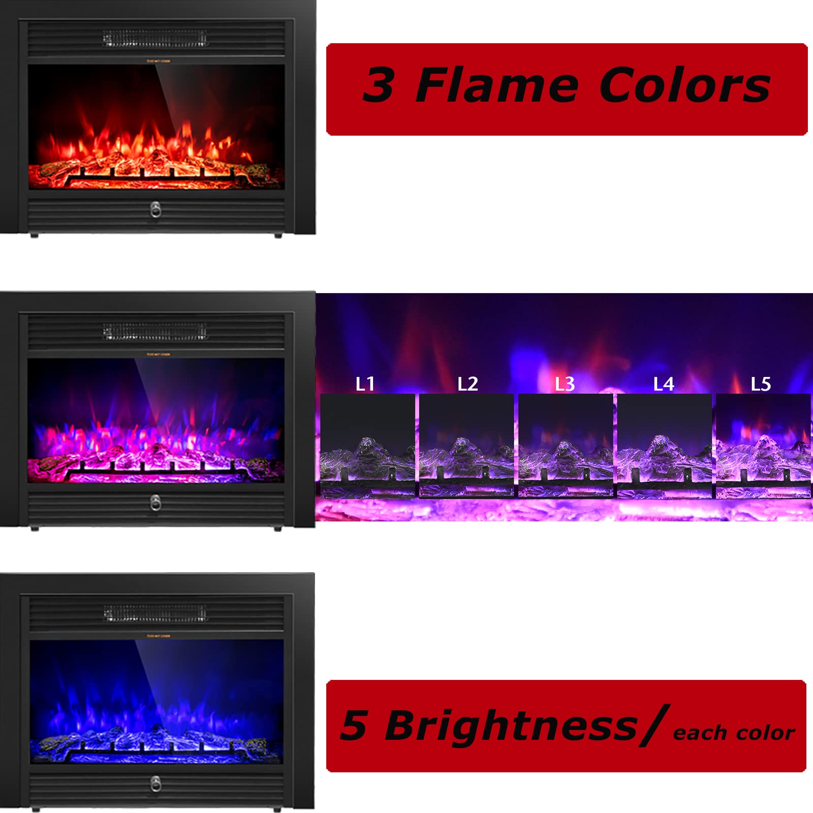 GLACER 750/1500W Electric Fireplace Wall Mounted Insert 28.5 Inch Heater with 2 Heat Levels, 3 Flame Visual, 5 Brightness Modes, Thermostat, Timing Function, Remote Control, Black