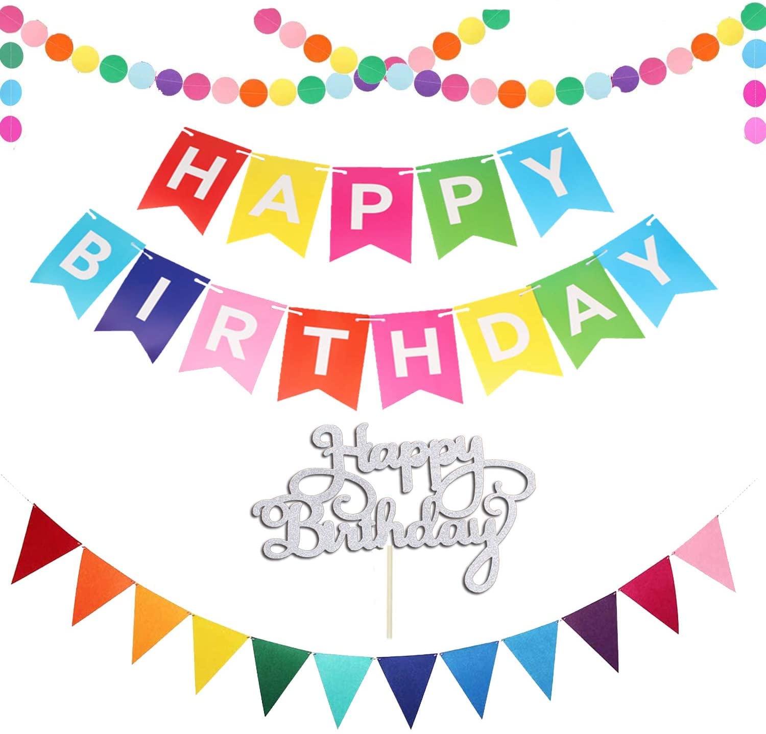 Happy Birthday Banner with Cake Topper, Rainbow Birthday Banner, Colorful Circle Paper Garland with Colorful Triangle Flags for Birthday Party Supplies, Happy Birthday Decorations(Colorful)