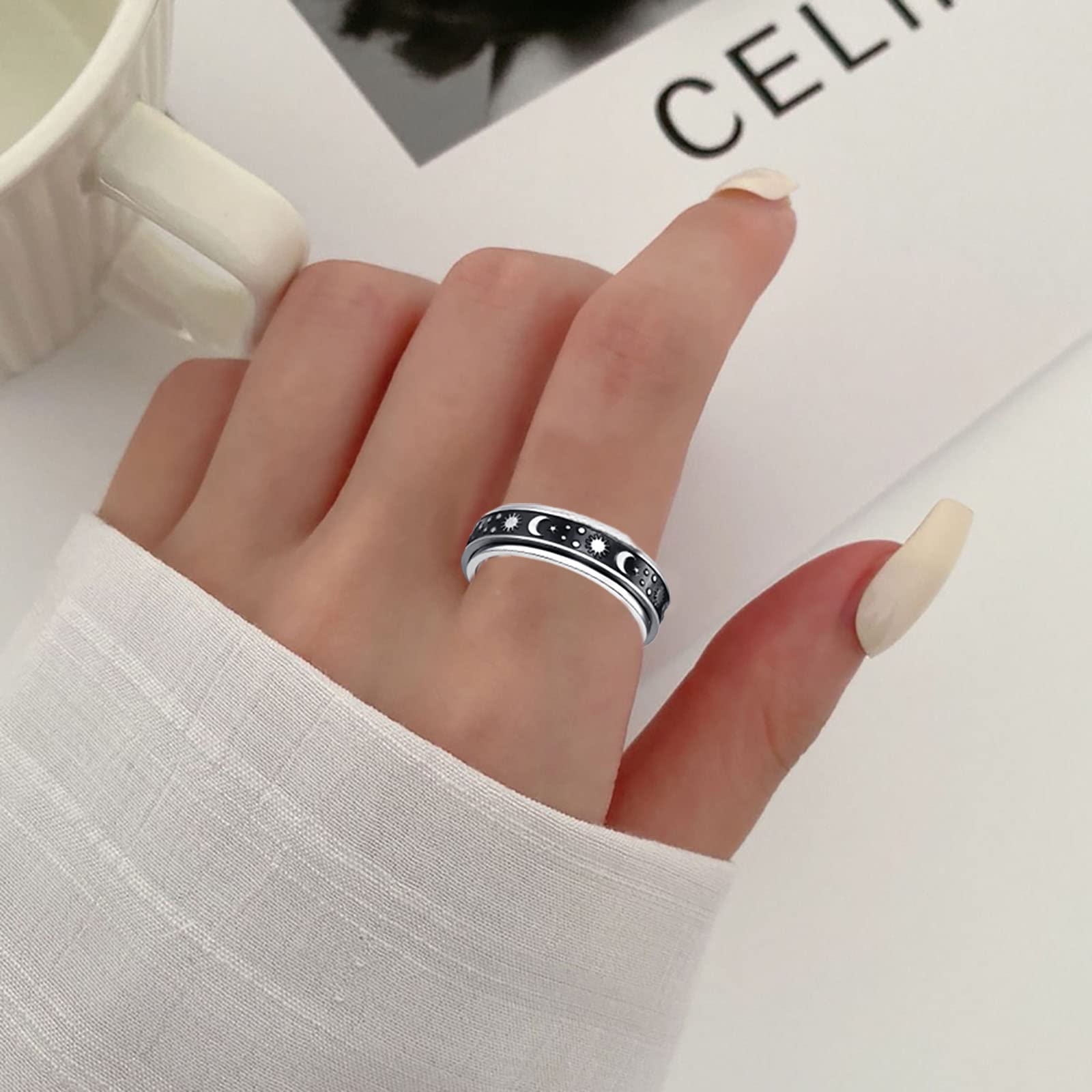 HUASAI Anxiety Ring for Women Fidget Band Ring Moon Sun Star Spinner Rings Stress Relief Rings for Meditation Anti Anxiety Rotating Ring(Moonphase-8)
