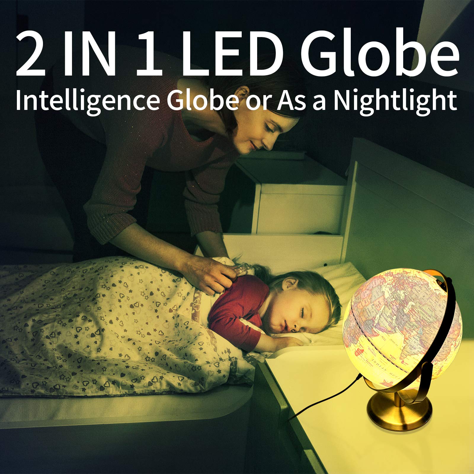 Globes of The World with Stand for Kids 8 Inchs Retro Illuminated Full 720°Rotation World Globe Night Light Built-in LED Decor Interactive Educational Learning Toys for Cafe Home and Office Decoration