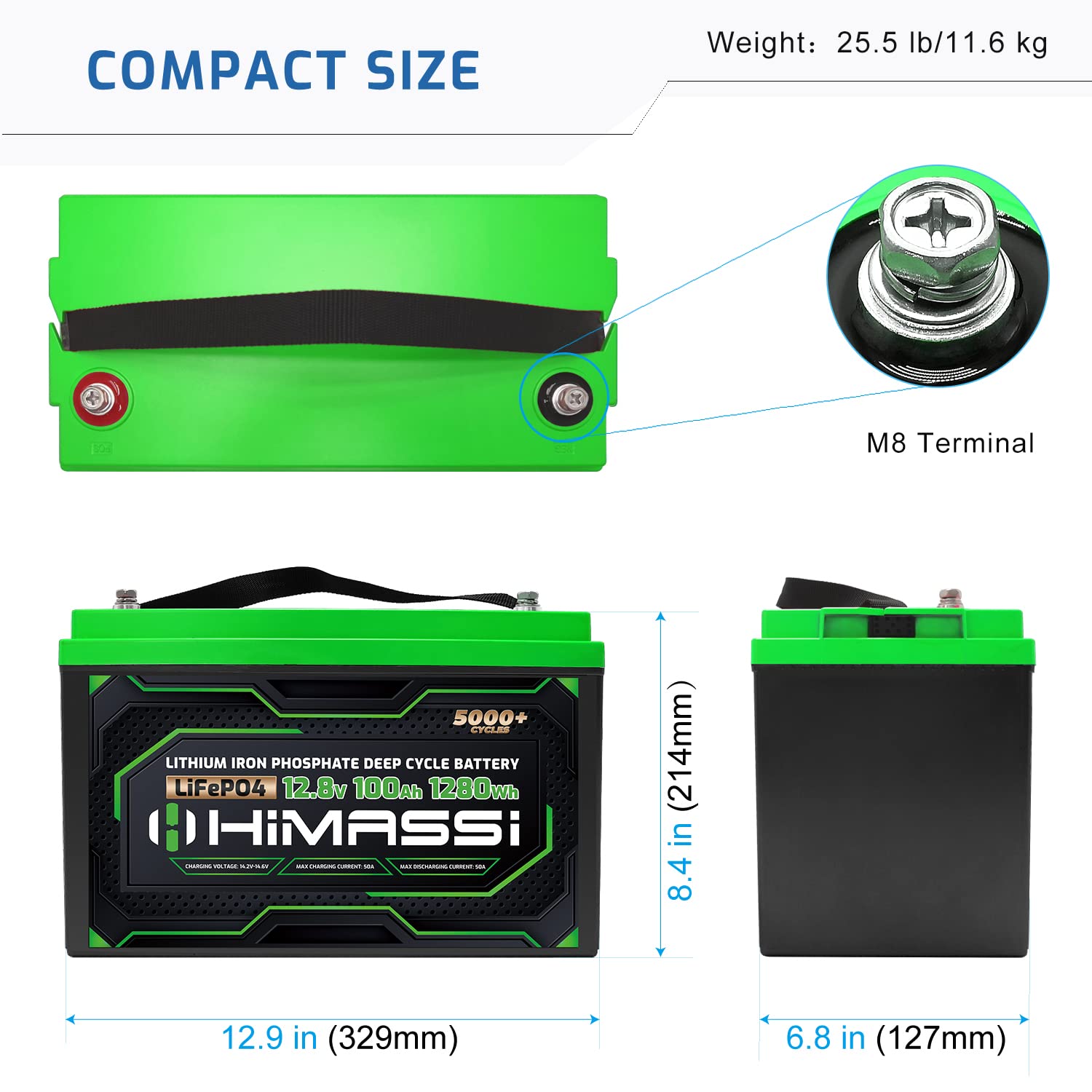 HiMASSi 12V 100Ah LiFePO4 Battery, Built in 100A BMS Lithium Battery for Trolling Motor Marine RV Solar Electrical Systems Home Energy Storage