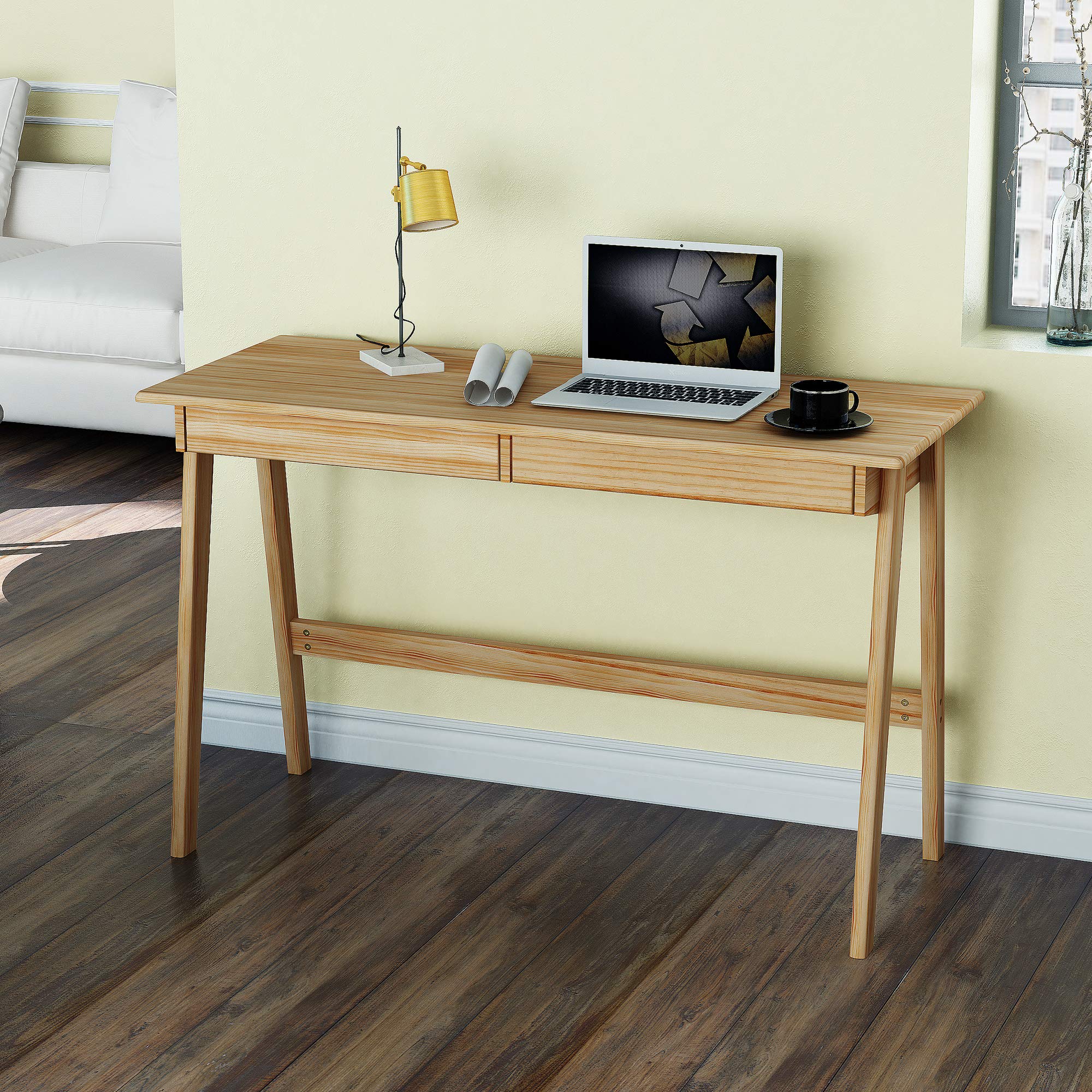 Function Home Computer Desk with Drawers, Solid Wood Office Writing Desk, Modern Study Table with Spacious Desktop, Writing Desk for Bedroom Home Office,Natural