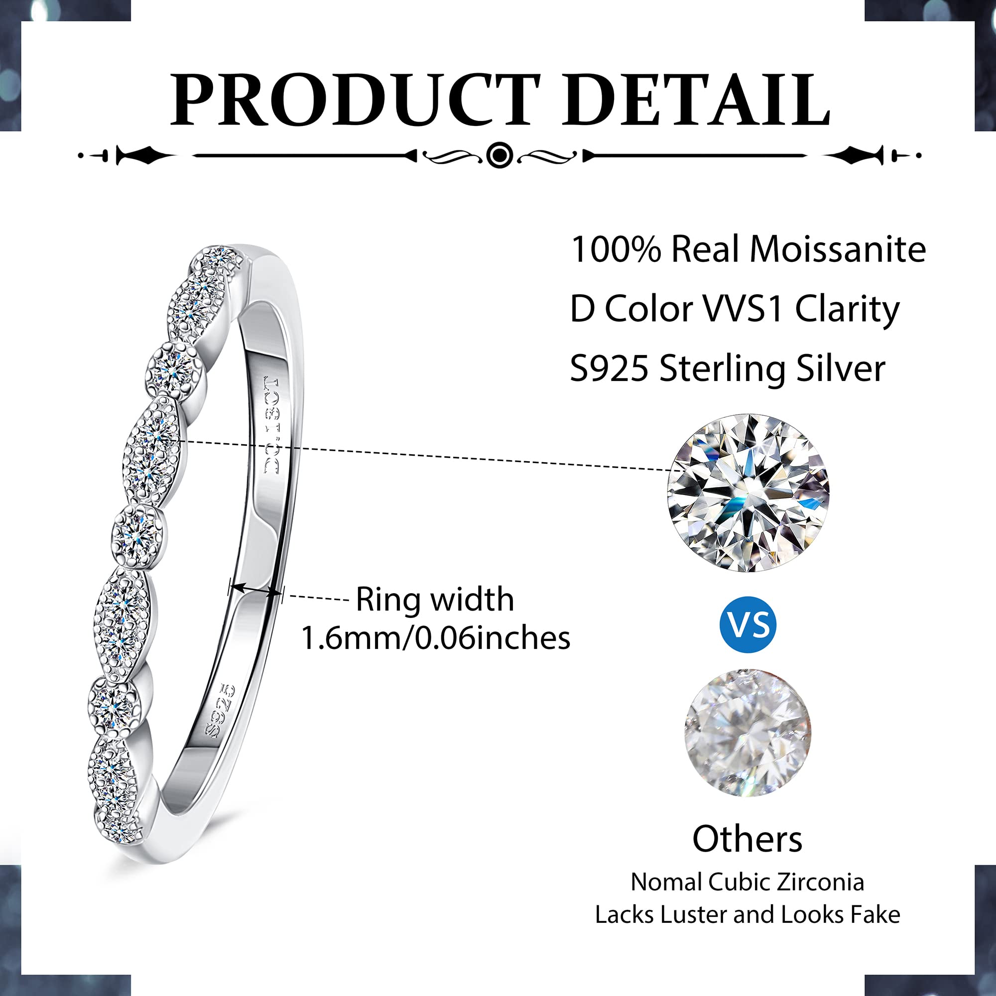 GEMQUEEN Moissanite Wedding Band Ring Milgrain Marquise & Round Moissanite Half Eternity Ring Stacking Infinity Engagement Sterling Silver Matching Ring 0.13ct Brilliant Round Cut D Color VVS1 Clarity Lab Created Diamond Eternity Rings