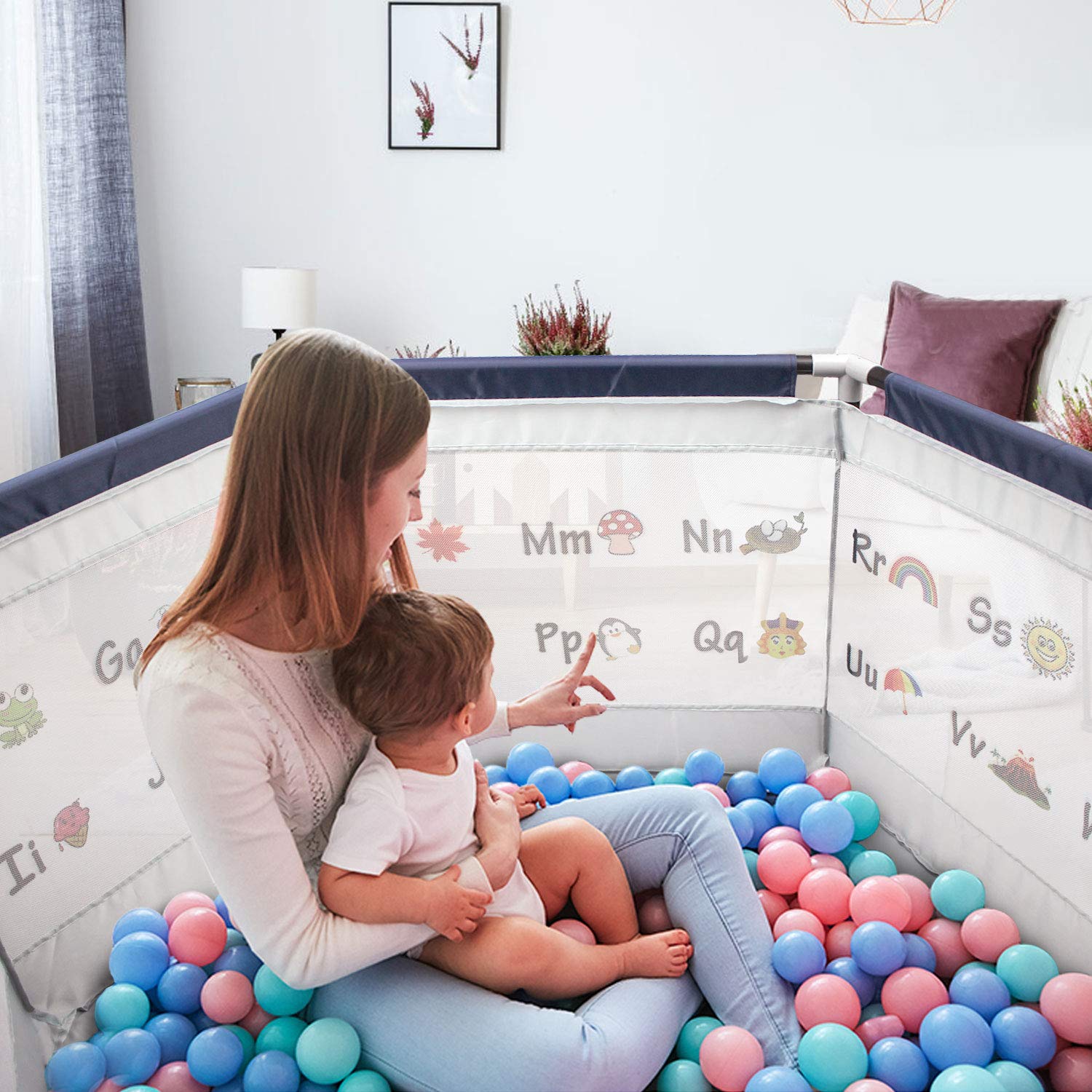 GrowthPic Baby Playpen, Playard for Baby and Toddlers- Safety Play Pen for Infants with Early Educational Design, Lightweight, 6-Panel