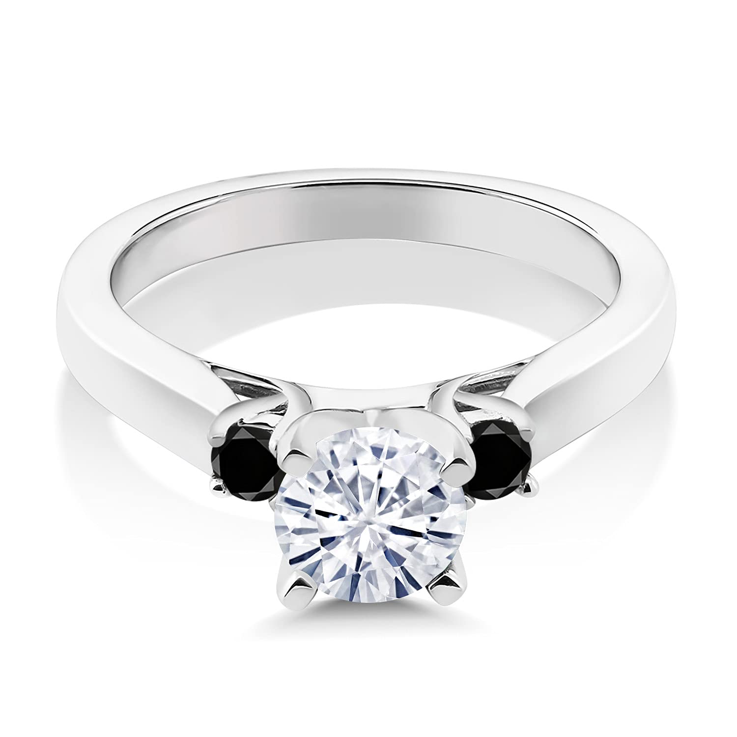 Gem Stone King 925 Sterling Silver White Moissanite and Black Diamond 3-Stone Engagement Ring For Women (0.93 Cttw, Round 6MM, Gemstone Birthstone, Size 9)