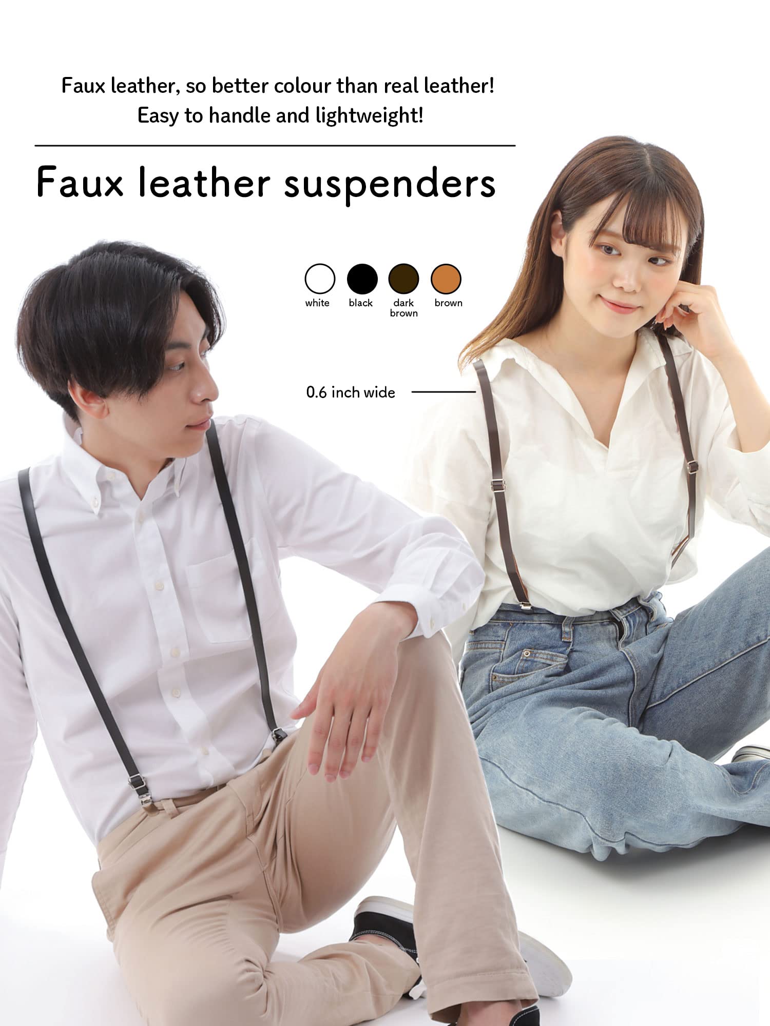 haoa 1/2 Inch Suspenders for Men&Women, faux Leather Y Back, Synthetic PU Leather,3 Clips (Black)