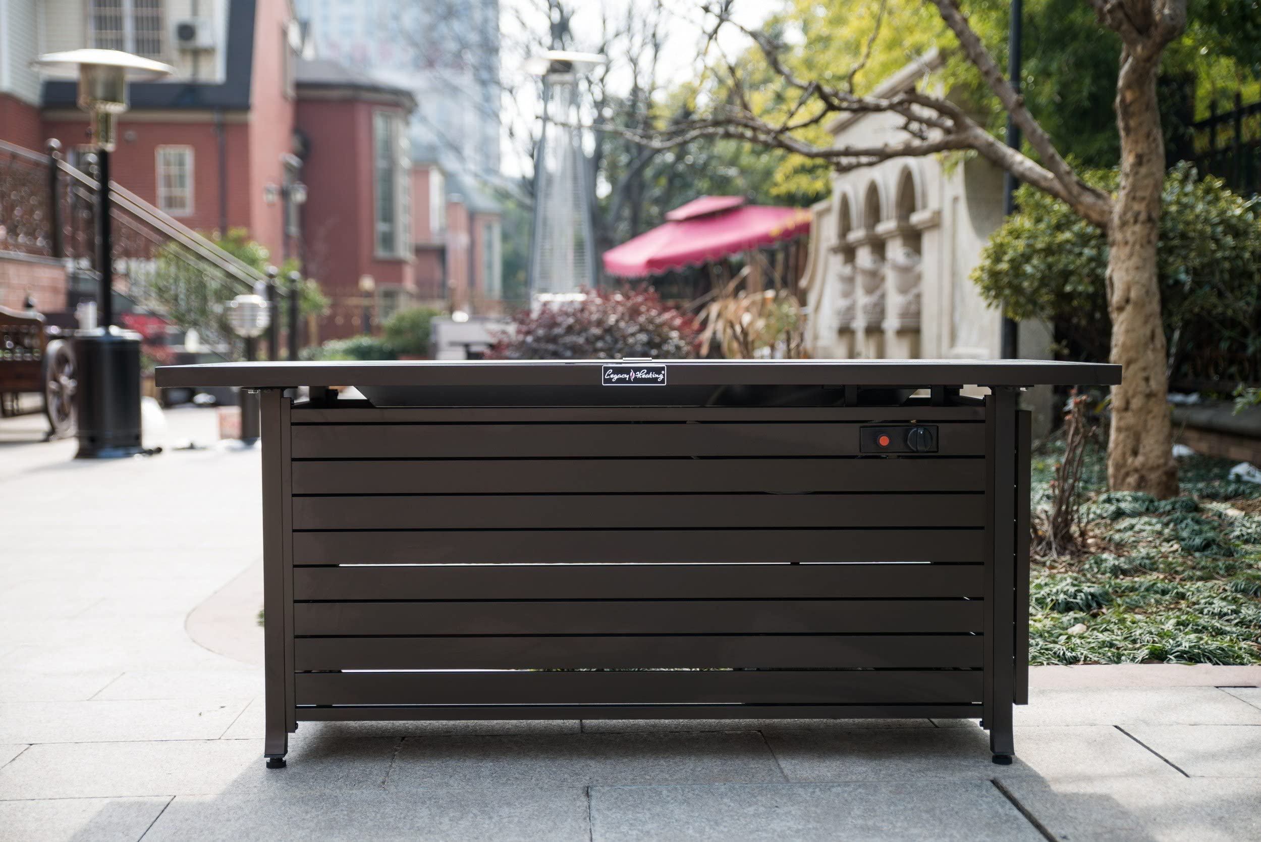 Gecheer 57in Outdoor Gas Propane Fire Pits Table, Aluminum, 50000BTU Firepit Fireplace Dinning Table with Lid, Fire Glass, Retangular, ETL Certification, for Garden Backyard Deck Patio-Mocha