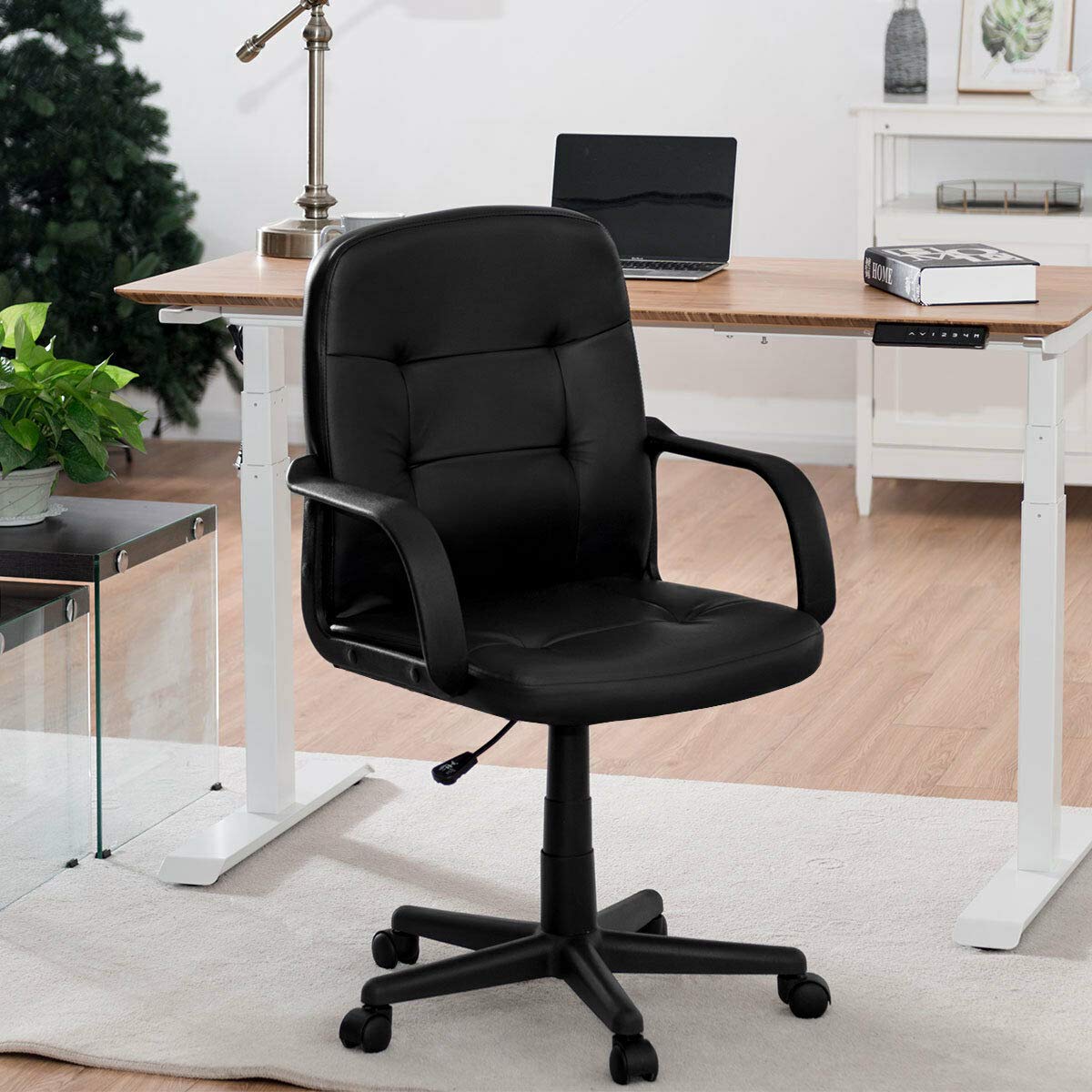 Giantex Executive Chair Mid Back Office W/Arms and Swivel Wheels, Ergonomic PU Leather for Home Office Use Computer Desk Task Chair