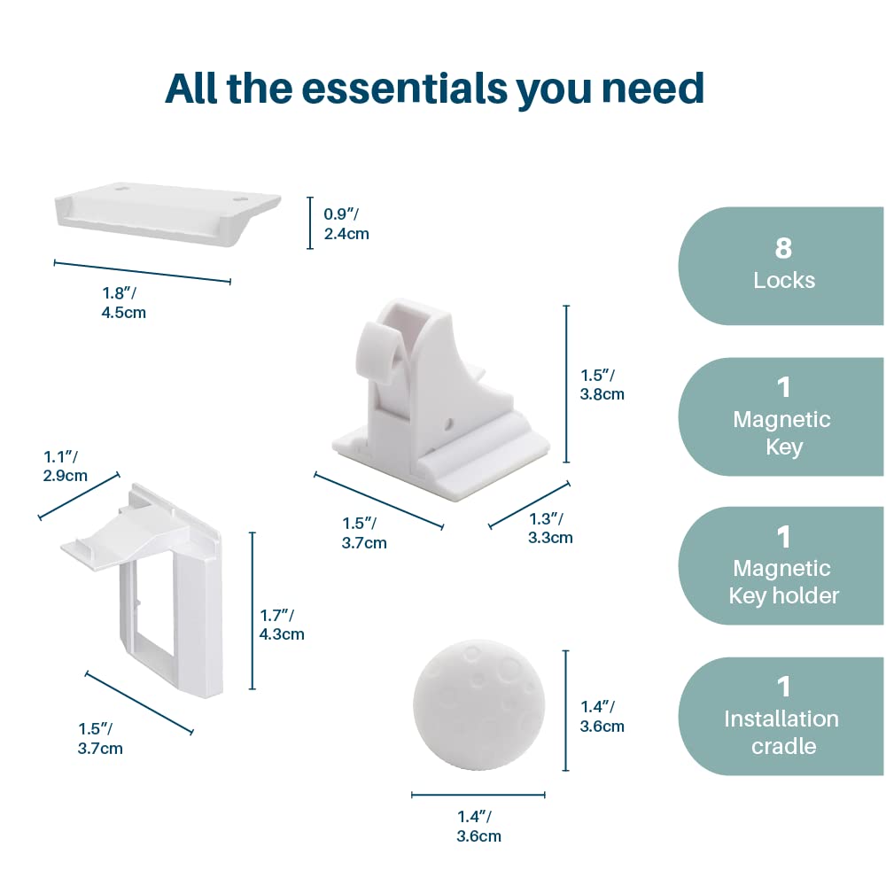 Inaya Magnetic Cabinet Locks for Baby Proofing, Pack of 8 Locks & 1 Key - Child Proofing Cabinet Latches - Invisible Design - 3M Adhesive - No Drill, Tools or Screws Needed