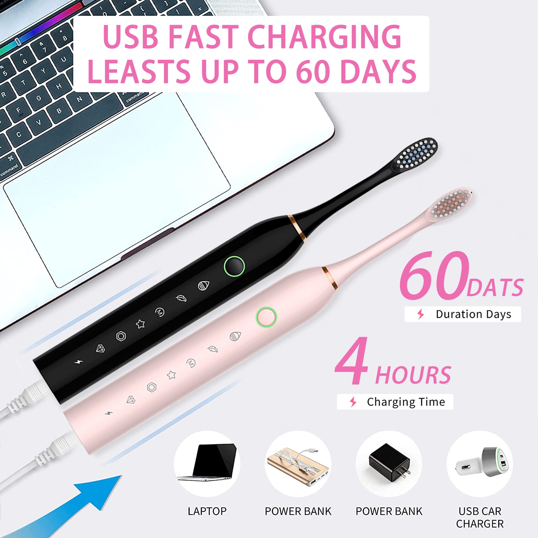 Lukern 2 Pack Clean Toothbrush for Adult Soft Toothbrushes Standard Size with 8 Brush Heads Travel Use (Black+Pink)