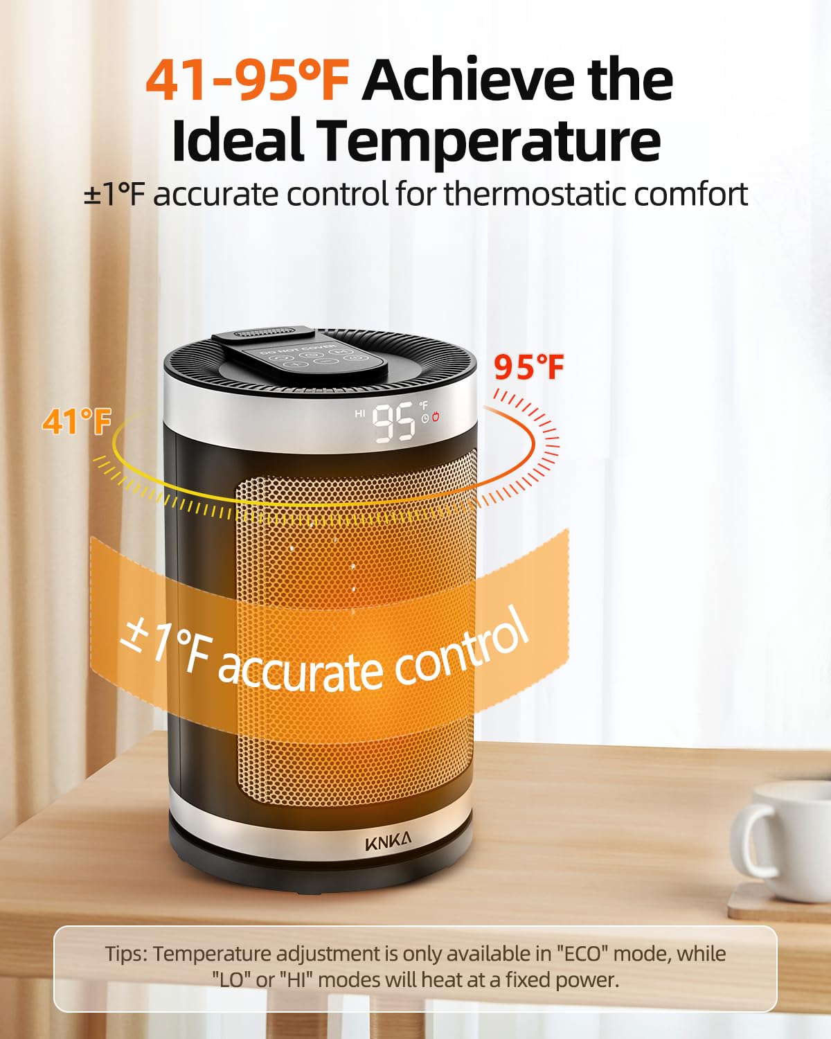 KNKA Space Heaters for Indoor Use, Portable Electric Heater with Thermostat, 90ยฐ Oscillation, 4 Mode, 12H Timer, 1500W Fast Safe Heating Ceramic Heater for Bedroom, Home, Office - ETL Certified, 9.4"
