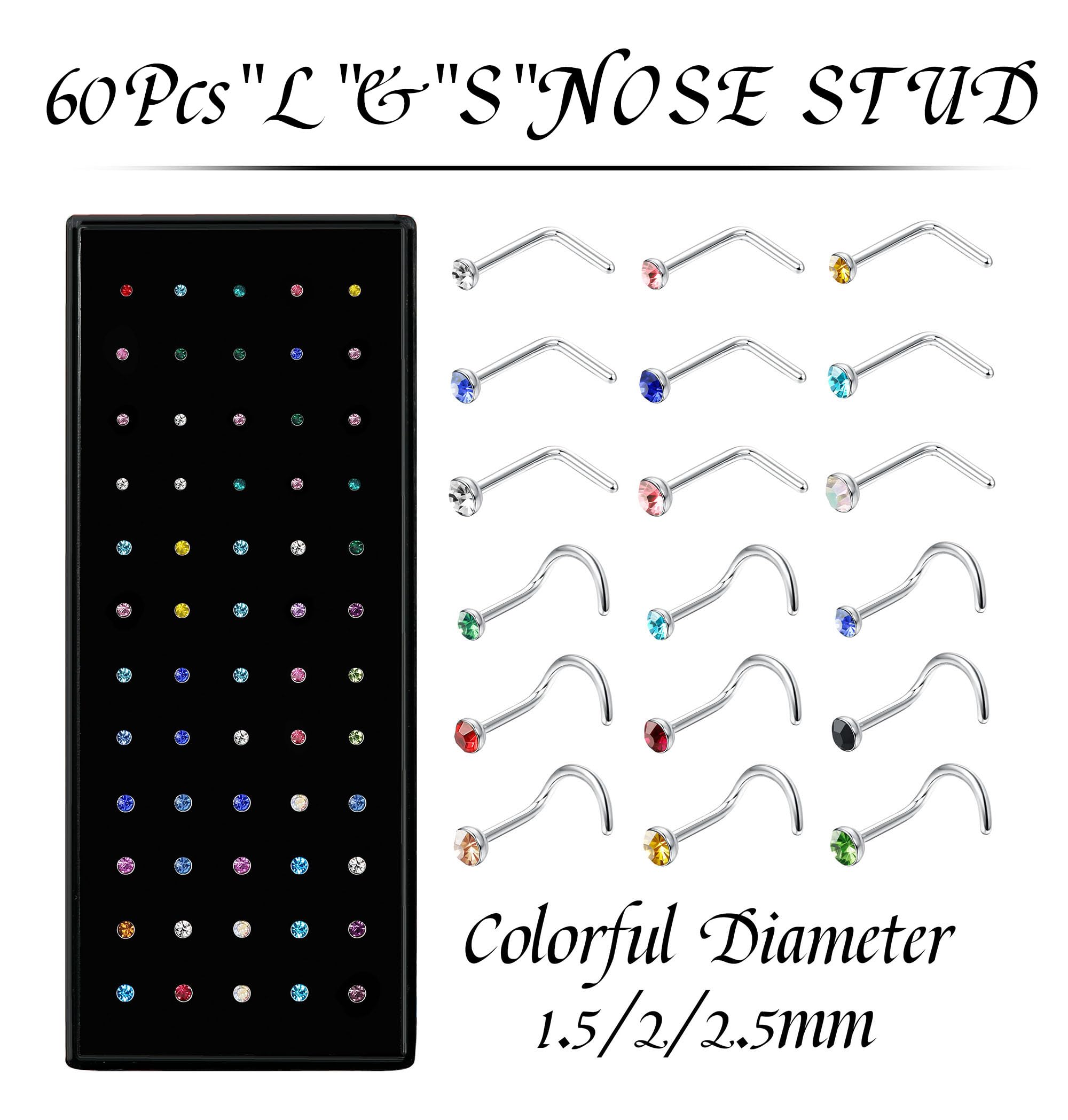 HAIAISO 200Pcs Nose Ring Studs Set for Women Men Stainless Steel Nose Rings Hoops Bone Screw L Shaped Nose Rings Nose Piercing Jewelry 20G 22G 1.5mm 2mm 2.5mm