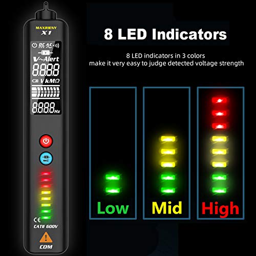 MAXRIENY Voltage Detector, EBTN LCD 3-Line Display Voltage Tester Pen with Adjustable Sensitivity, Non-Contact AC Electricity Sensor Socket Outlet Tester Live Wire Checker with Analog Bar