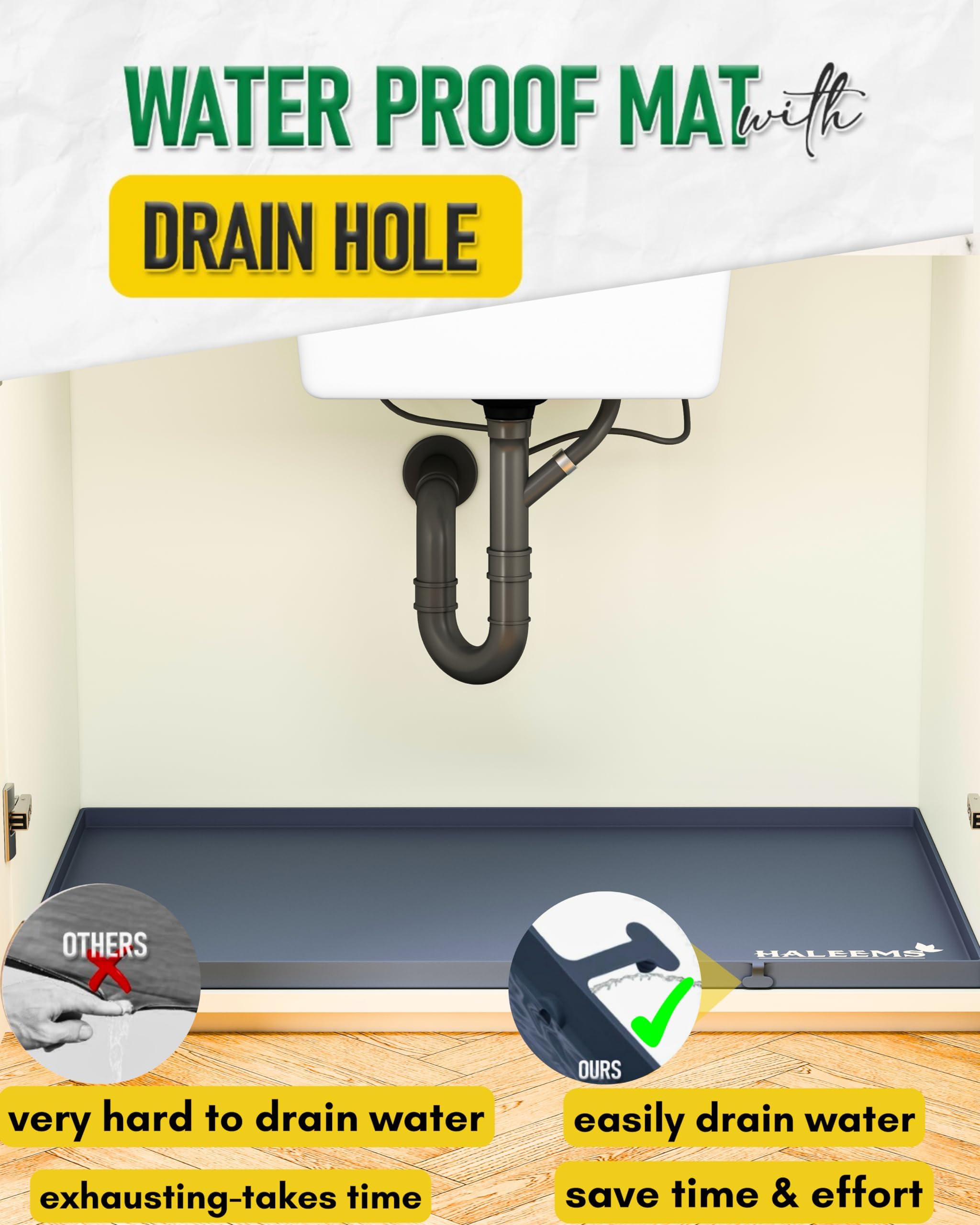 HALEEMS Under Sink Mat with Unique Drain Hole Design - Silicone 34'' X 22'' Under Sink Mats for Bottom of Kitchen Sink - Kitchen Cabinet Mats Hold up to 3 Gallons Liquid, Protector Tray, Easy to Clean