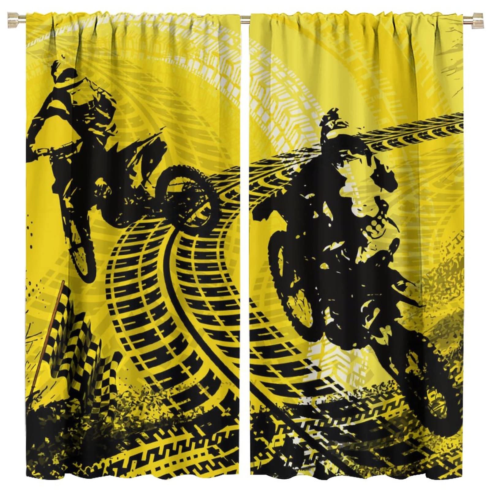 Kids Dirt Bike Motorcycle Blackout Curtains for Bedroom - Abstract Vintage Extreme Sports Theme Racing Flags Window Treatment,Rod Pocket Room Darkening Curtains 2 Panels 45L x 21W