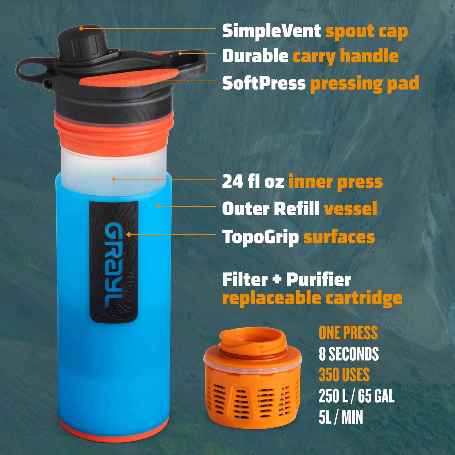GRAYL GeoPress 24 oz Water Purifier Bottle - Filter for Hiking, Camping, Survival, Travel (Alpine White)