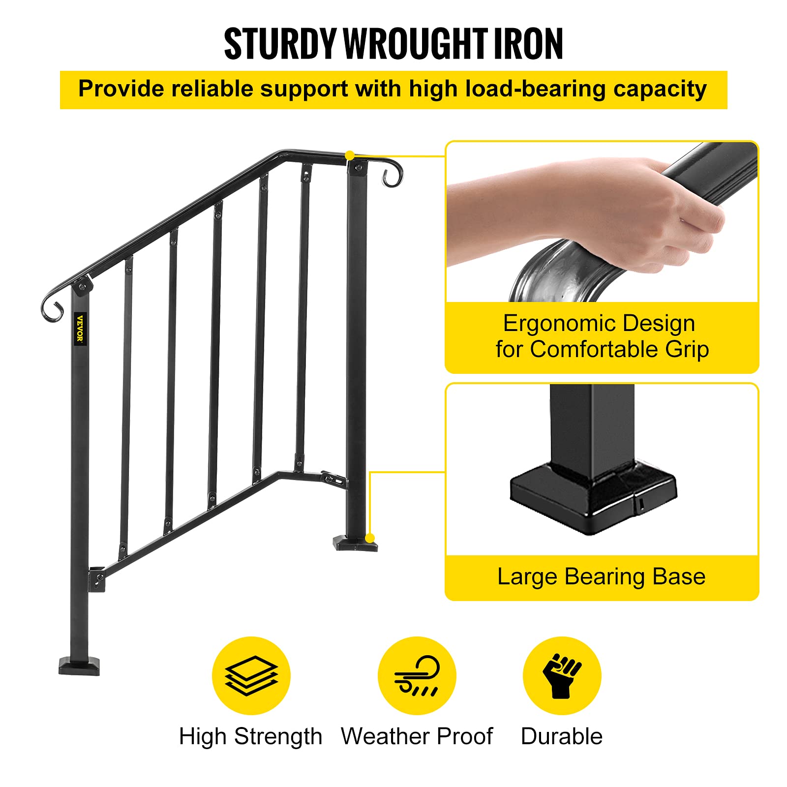 Happybuy Handrails for Outdoor Steps, Fit 2 or 3 Steps Outdoor Stair Railing, Picket#2 Wrought Iron Handrail, Flexible Porch Railing, Black Transitional Handrails for Concrete Steps or Wooden Stairs
