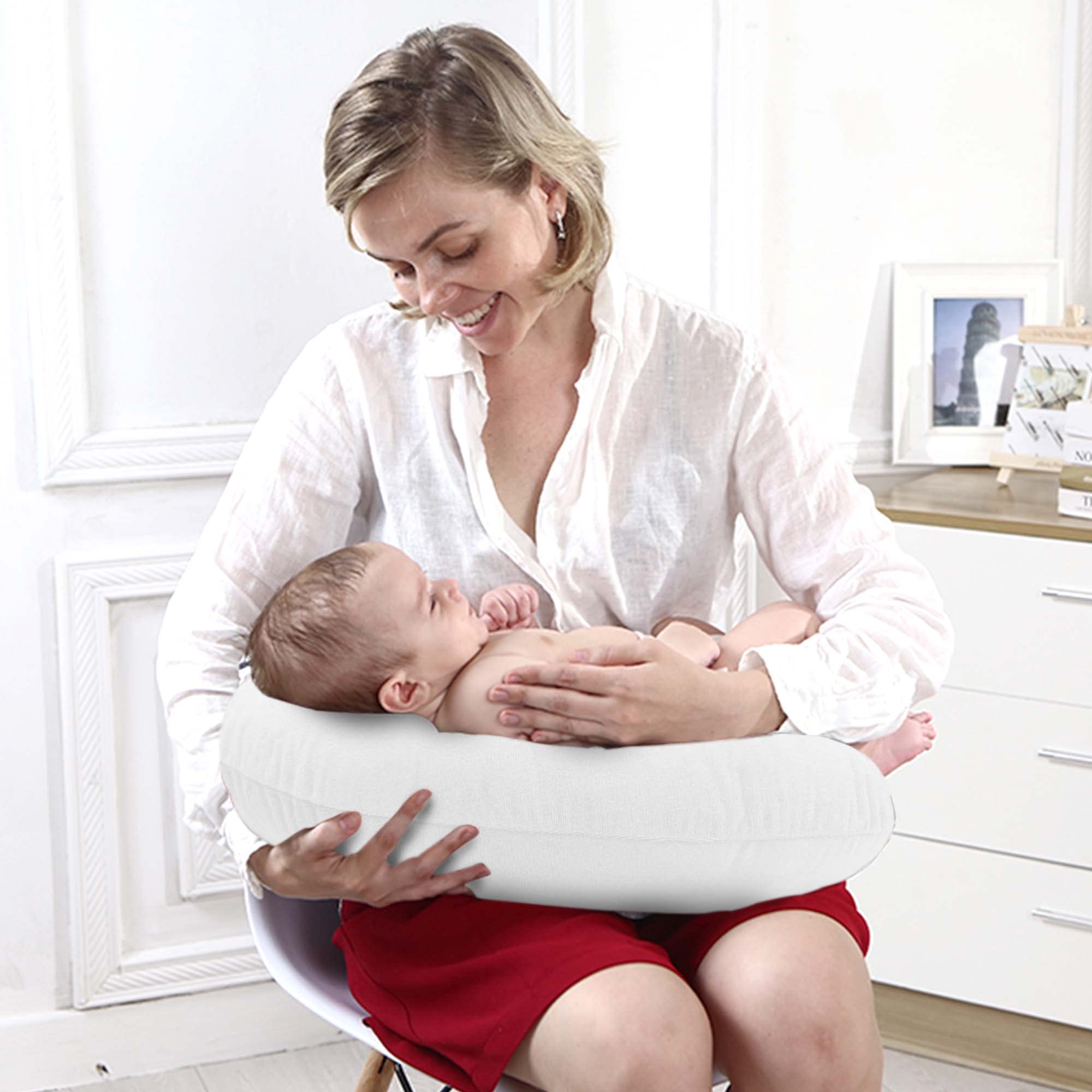 LAT Waterproof Nursing Pillow for Breastfeeding,Waterproof Removable Cover,Ergonomic Breast Feeding Pillows Baby for Baby Boys and Girls,Machine Washable(White)