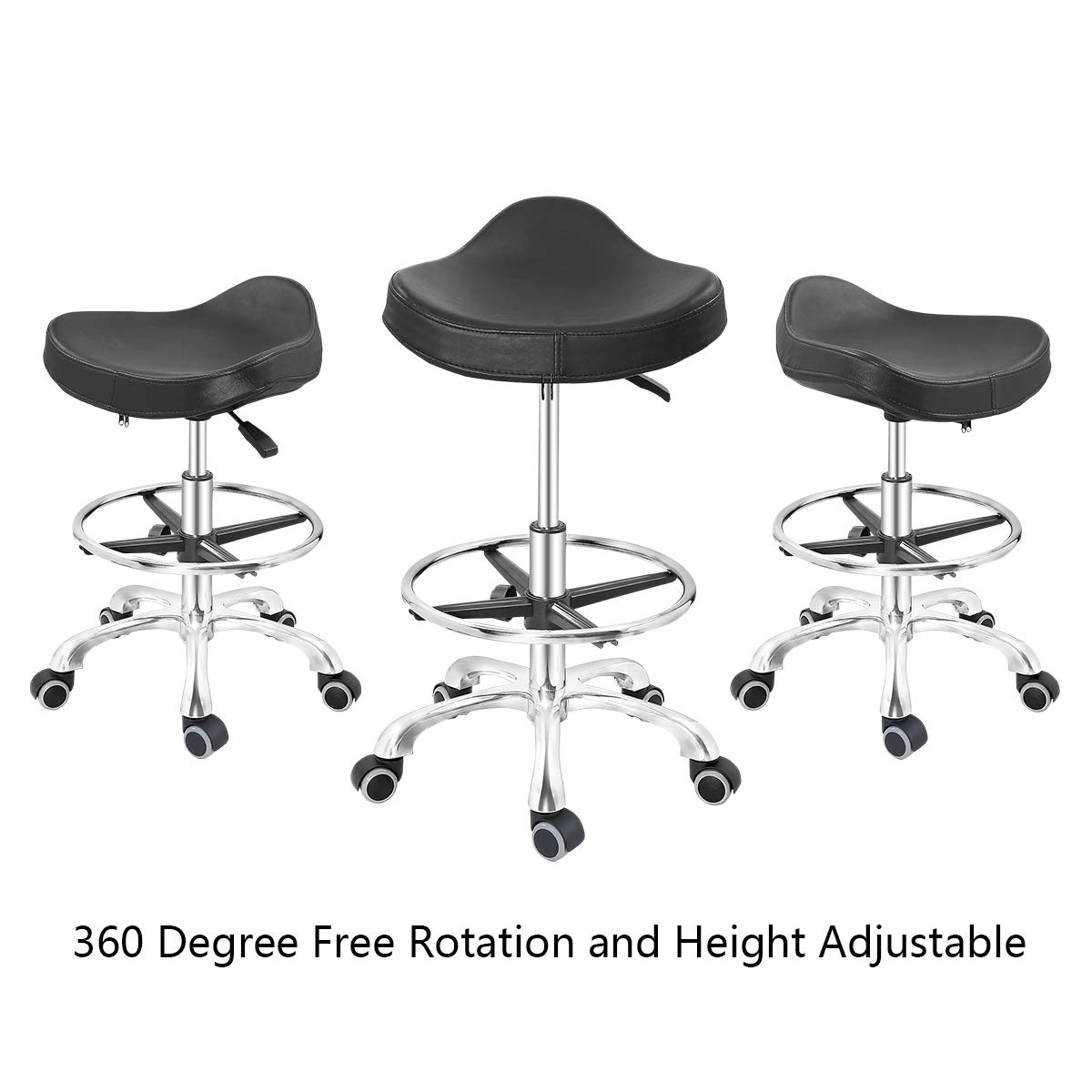Grace & Grace Height Adjustable Rolling Swivel Stool Chair with Ergonomic Seat and Comfortable Footrest Heavy Duty Metal Base for Salon,Shop, Kitchen (Black, with Caster)