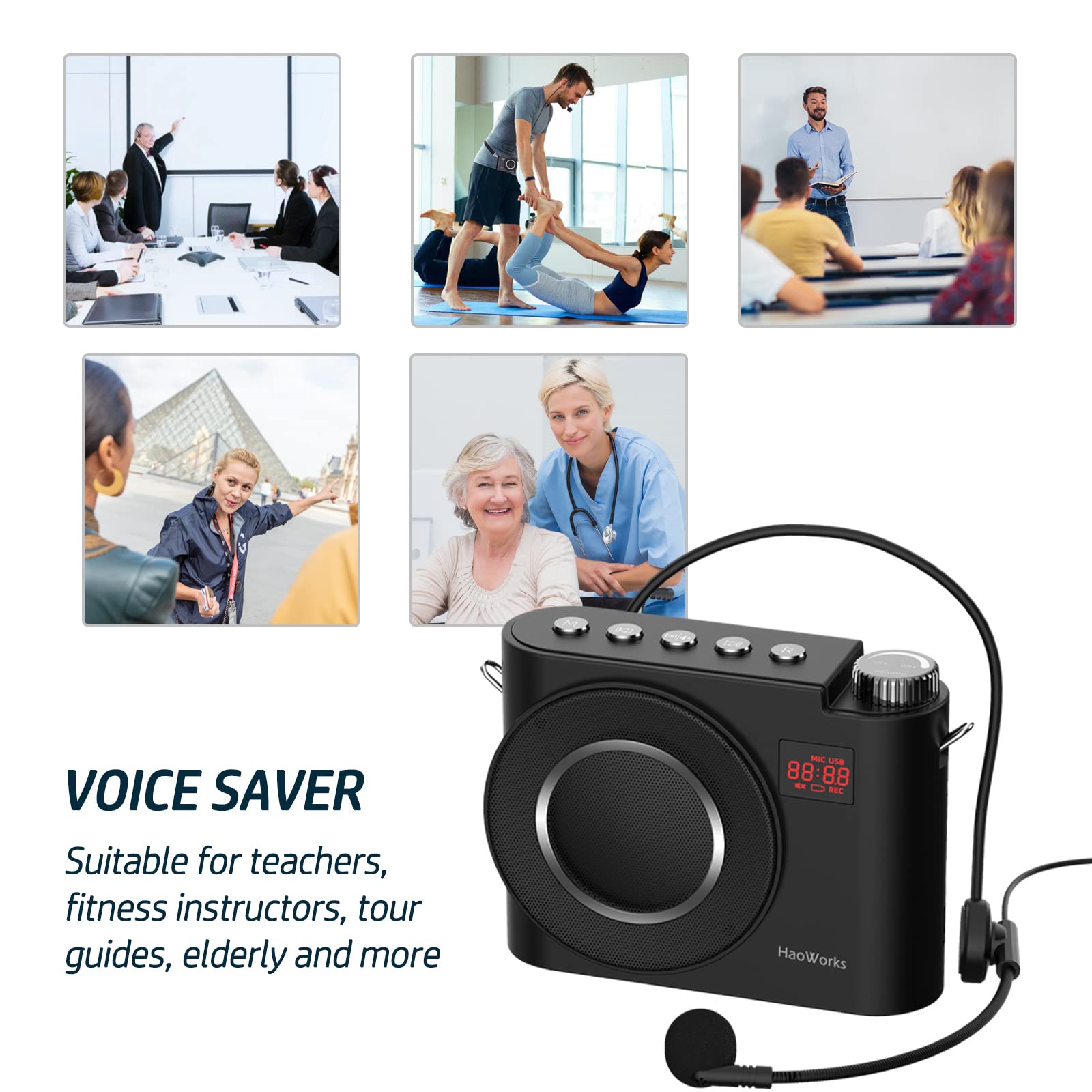 HaoWorks Voice Amplifier for Teachers - 20W Portable Voice Amplifier Wired Headset Mic and Speaker System, Personal Microphone for Classroom, Tour Guide, Instructor, Public Speaking