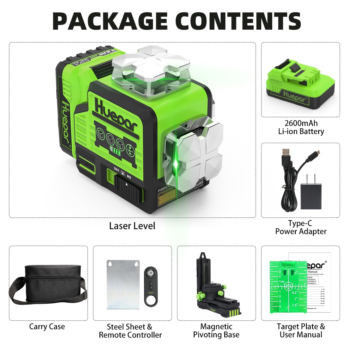 Huepar Laser Level Multi-line - Four Vertical and One Horizontal Cross Lines Laser With Plumb Dot, Green Beam Alignment Self-leveling Laser Tool, 360°Rotating Base & Hard Carrying Case Included NT411G
