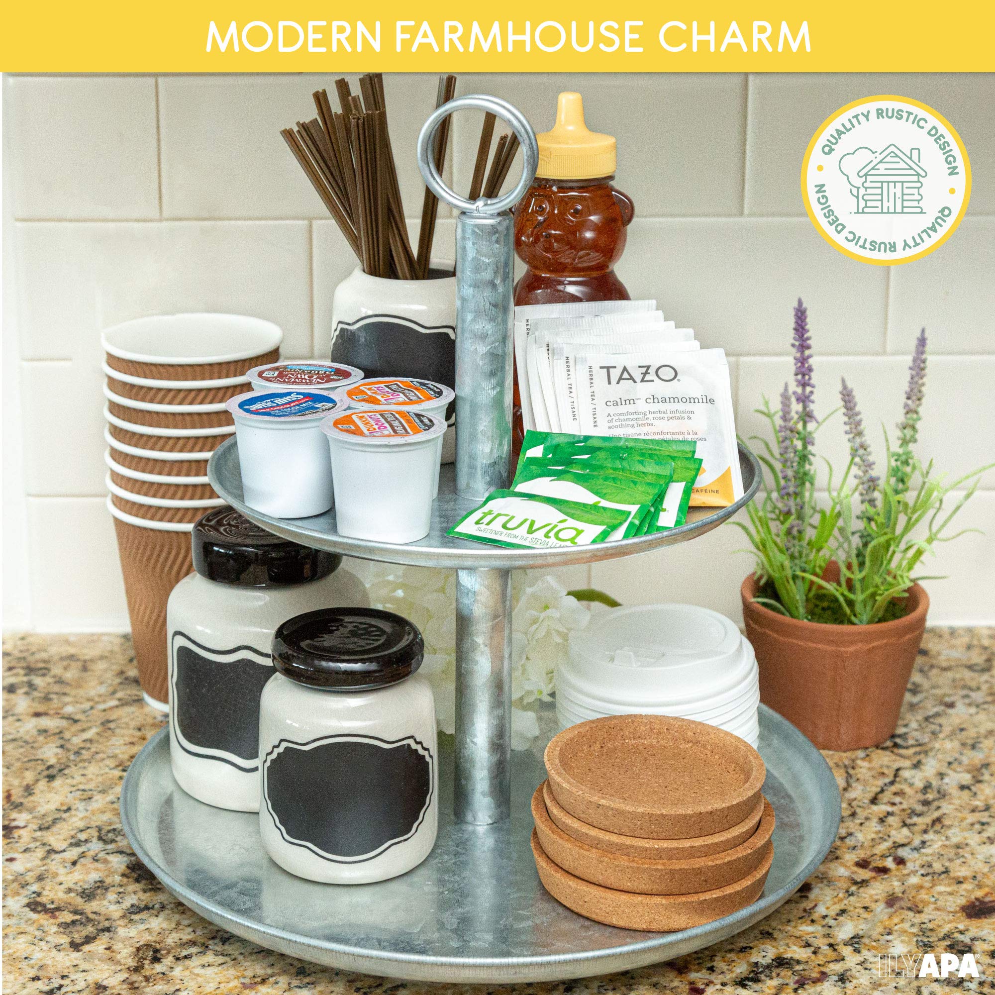Ilyapa Galvanized Two Tier Tray - 2 Tiered Tray Stand, Metal Serving Stand Platter for Cake, Cupcake, Dessert, Appetizers & More