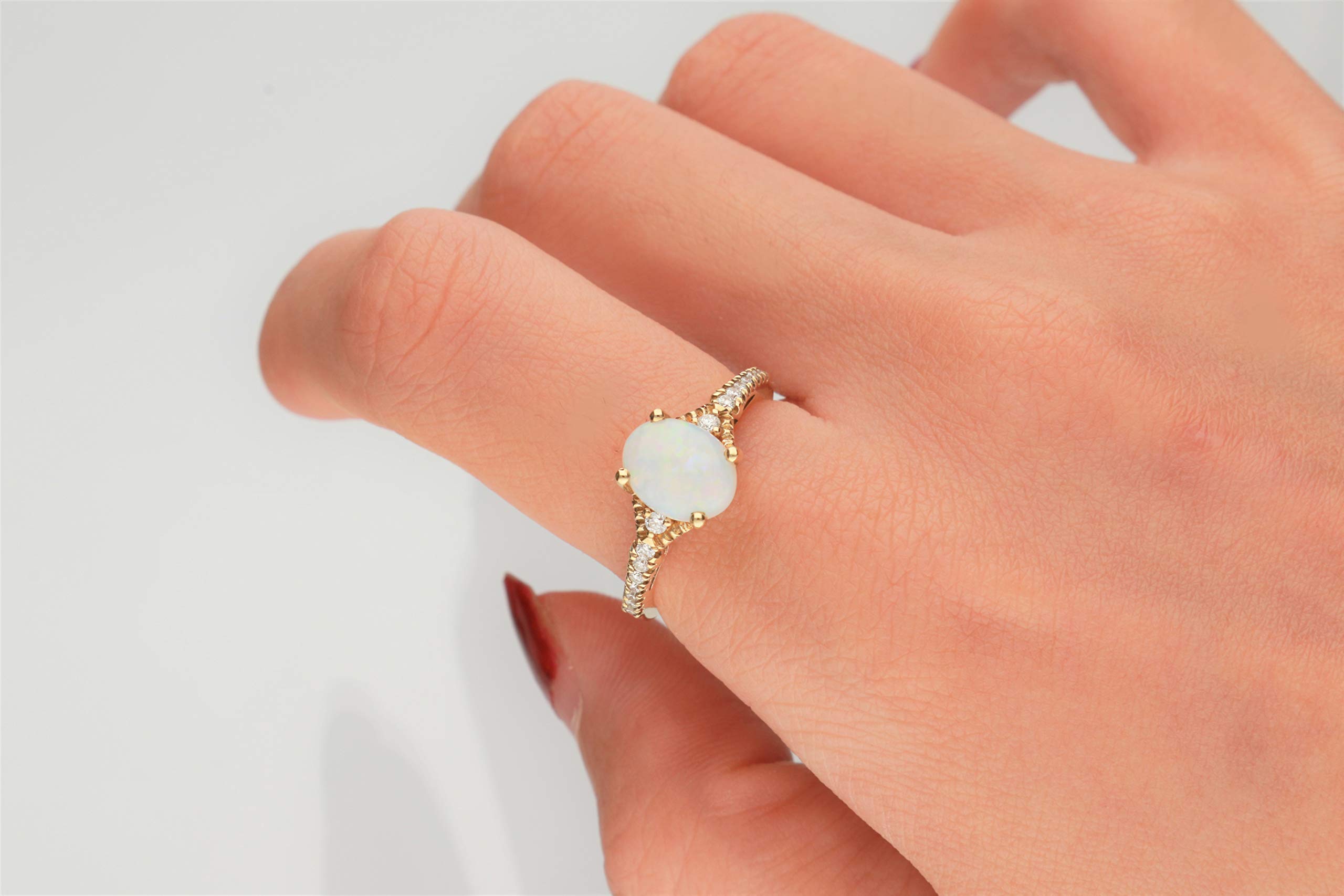 Gin & Grace 10k Yellow Gold Oval-cut Natural Opal and Diamond (I1,I2) Engagement Propose Promise Ring for Women