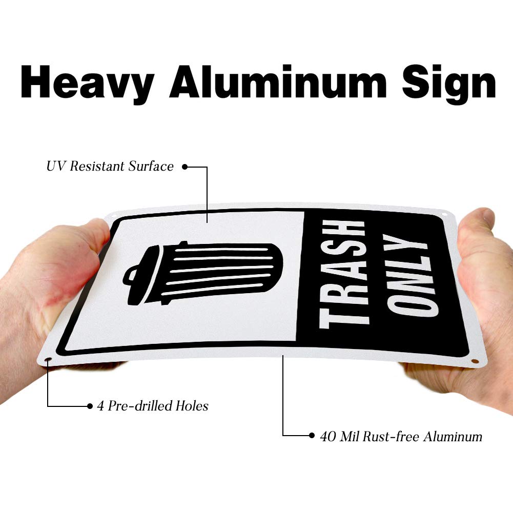GLOBLELAND 2 Pack Trash Only Sign, 10x7 inches 40 Mil Aluminum Trash Signs Decorative for Indoor or Outdoor, UV Protected Reflective and Waterproof, Black