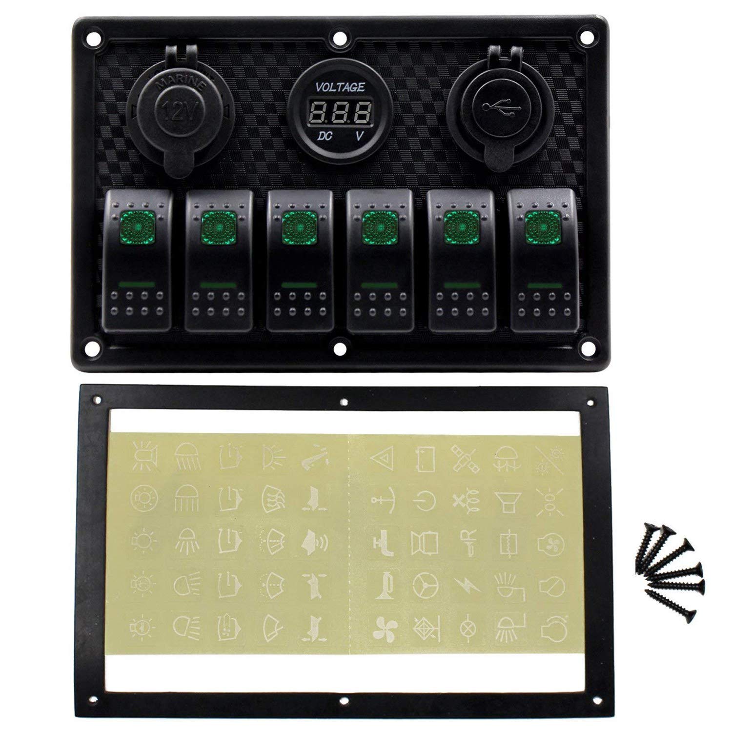 GIDREN 6 Gang Waterproof Rocker Switch Panel with DC 5V 3.1A Dual USB Charger Digital Voltmeter Display DC 12V Power Socket for Car Marine Boat RV Vehicle Truck (6 Gang Green)