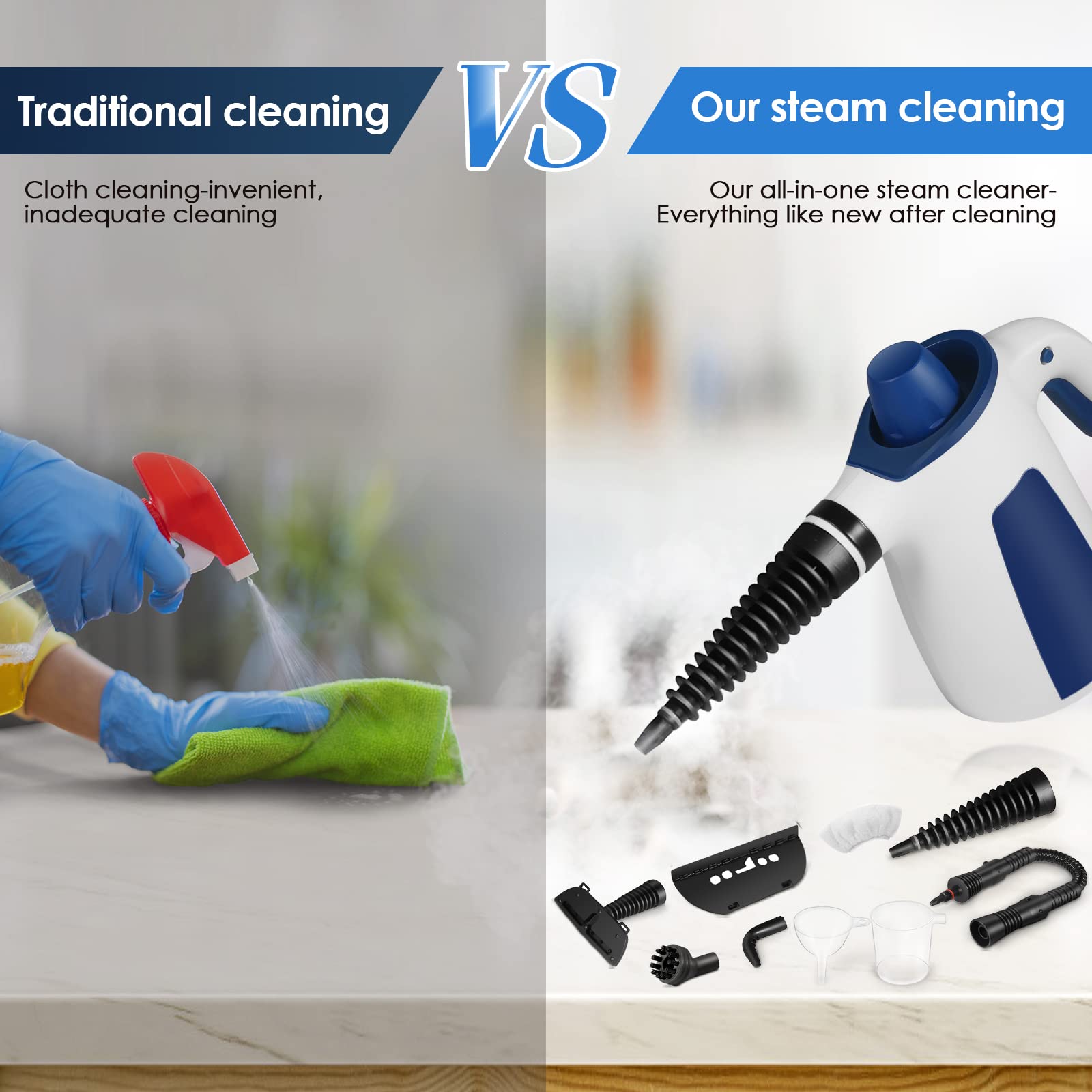 Handheld Pressurized Steam Cleaner, All Natural Household Steam Cleaning with 9-Piece Accessory Set, Multi-Purpose and Multi-Surface Steam Cleaner for Kitchen, Bathroom, Windows, Car Seat, Floor More