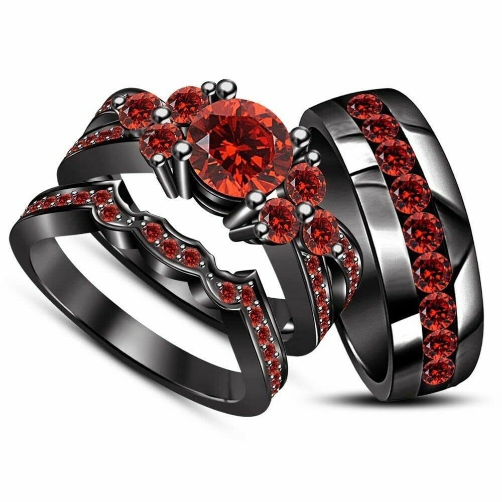 His & Her Trio Wedding Ring Set 2CT Round Cut Created Red Garnet 925 Sterling Silver 18k Black Gold Plated