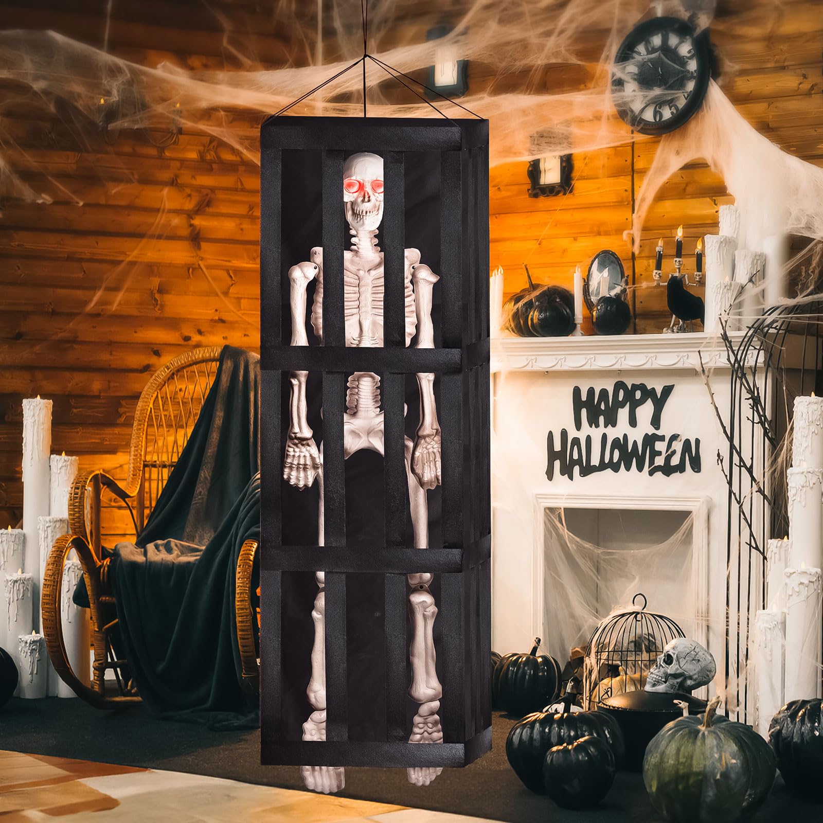 Halloween Animatronics Skeleton Decor Props,64 Inches Halloween Interactive Hanging Caged Skeleton with Lights Sounds and Vibration, Skeleton Decorations Outdoor Tree Lawn Garden Backyard