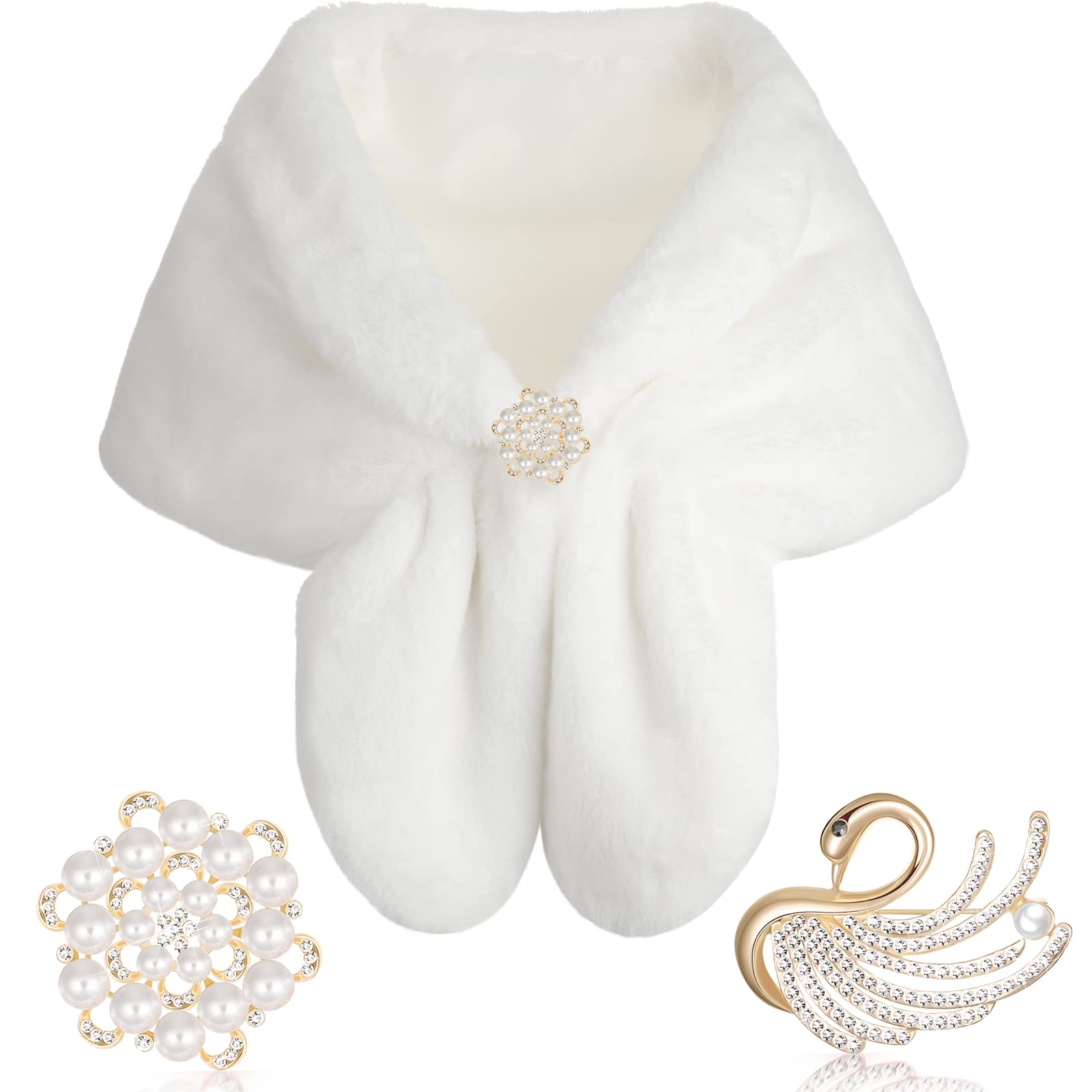 Geyoga Faux Fur Shawl Wrap Stole Shrug Winter Bridal Wedding Scarf Wrap with Faux Pearl Rhinestone Brooches for Women 1920s (White, Large, Short Hair)