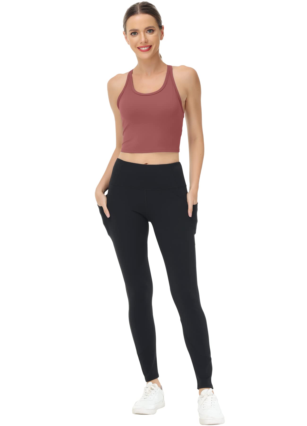 High Neck Longline Sports Bras for Women Sewn in Pads Ribbed Tank Tops for Yoga Gym Full Back Coverage Workout Crop Top Medium