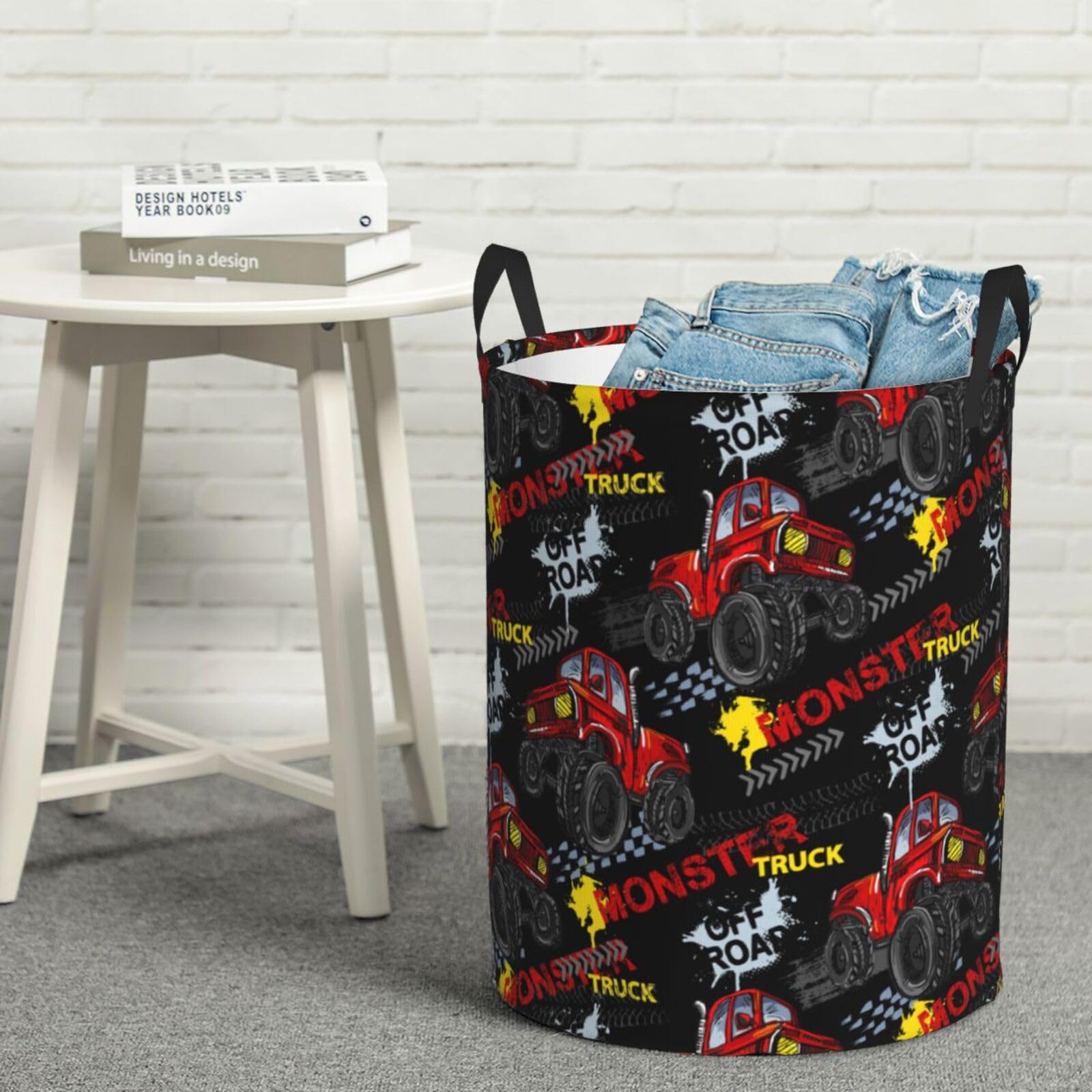Grunge Monster Truck Cars Pattern Laundry Hamper With Handle Foldable Durable Laundry Basket Storage Bin Dirty Clothes Organizer Bag For Bedroom Bathroom Nursery