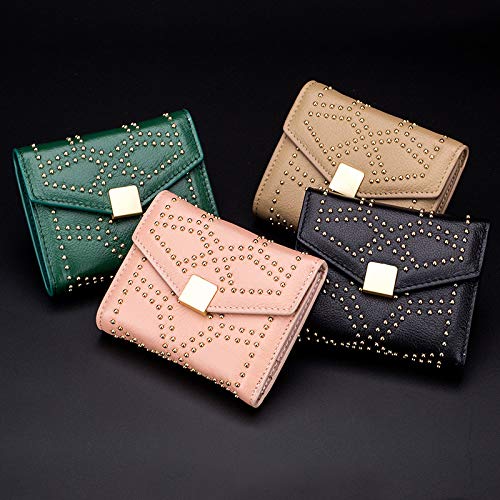 Genuine Leather Wallet for Women, Rivet Studded Money Organizer, Smart Leather Credit Card Case, Multipurpose Small Purse (Pink)