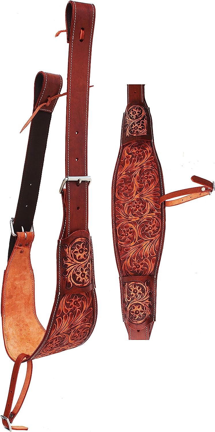 GKV DECOR Fusion Enterprises Horse Western Floral Tooled Leather Rear Flank Saddle Cinch w/Billets (Antique Finish)